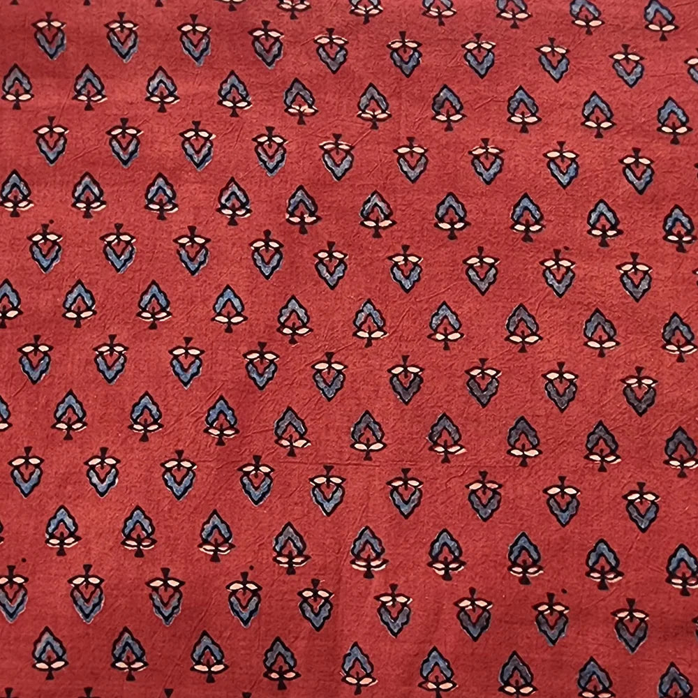 ( PRE-CUT 1 METER ) Pure Cotton Gad Ajrak Rust Red With Blue And Cream – Sanskruti