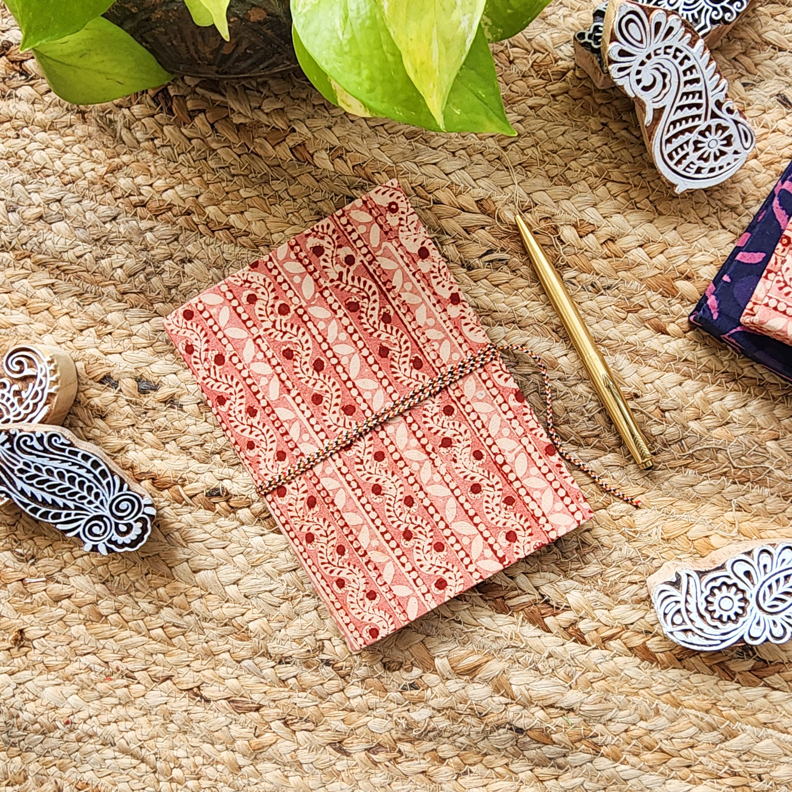 Handmade Upcycled Kalamkari Rust Red Border Bahi Diary – Sanskruti