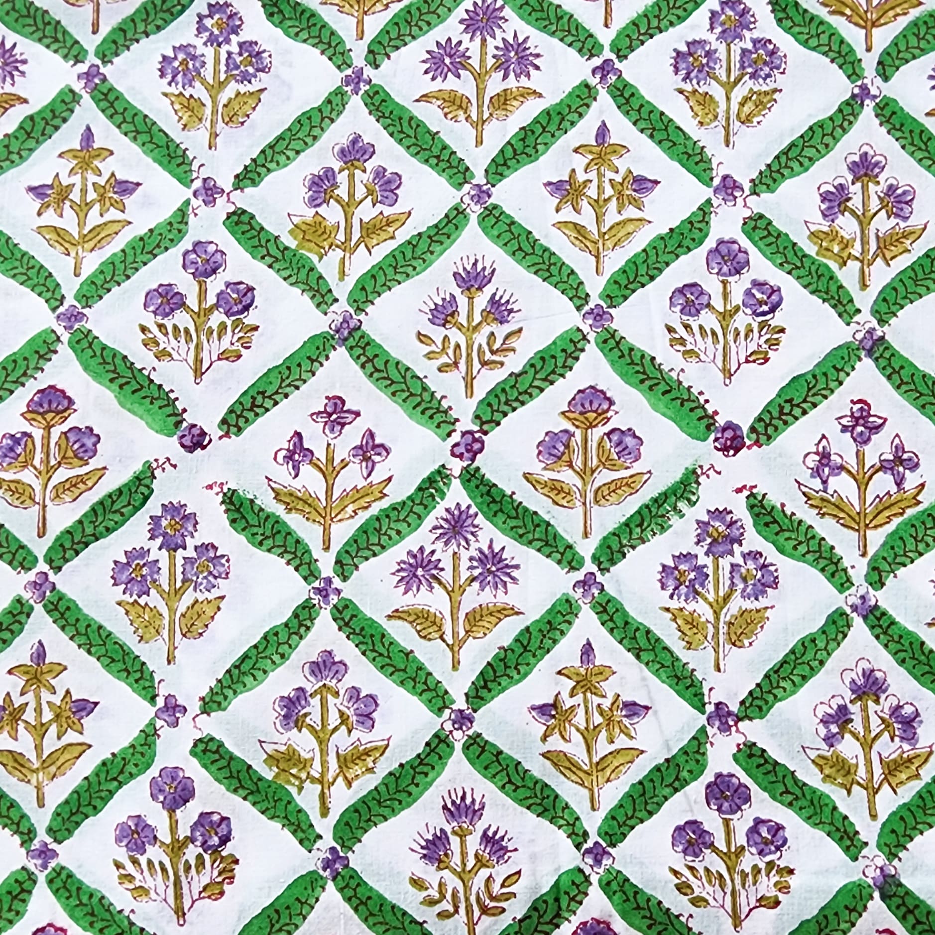 (PRE-CUT 1.15 METER) Pure Cotton Jaipuri White With Green And Purple I – Sanskruti