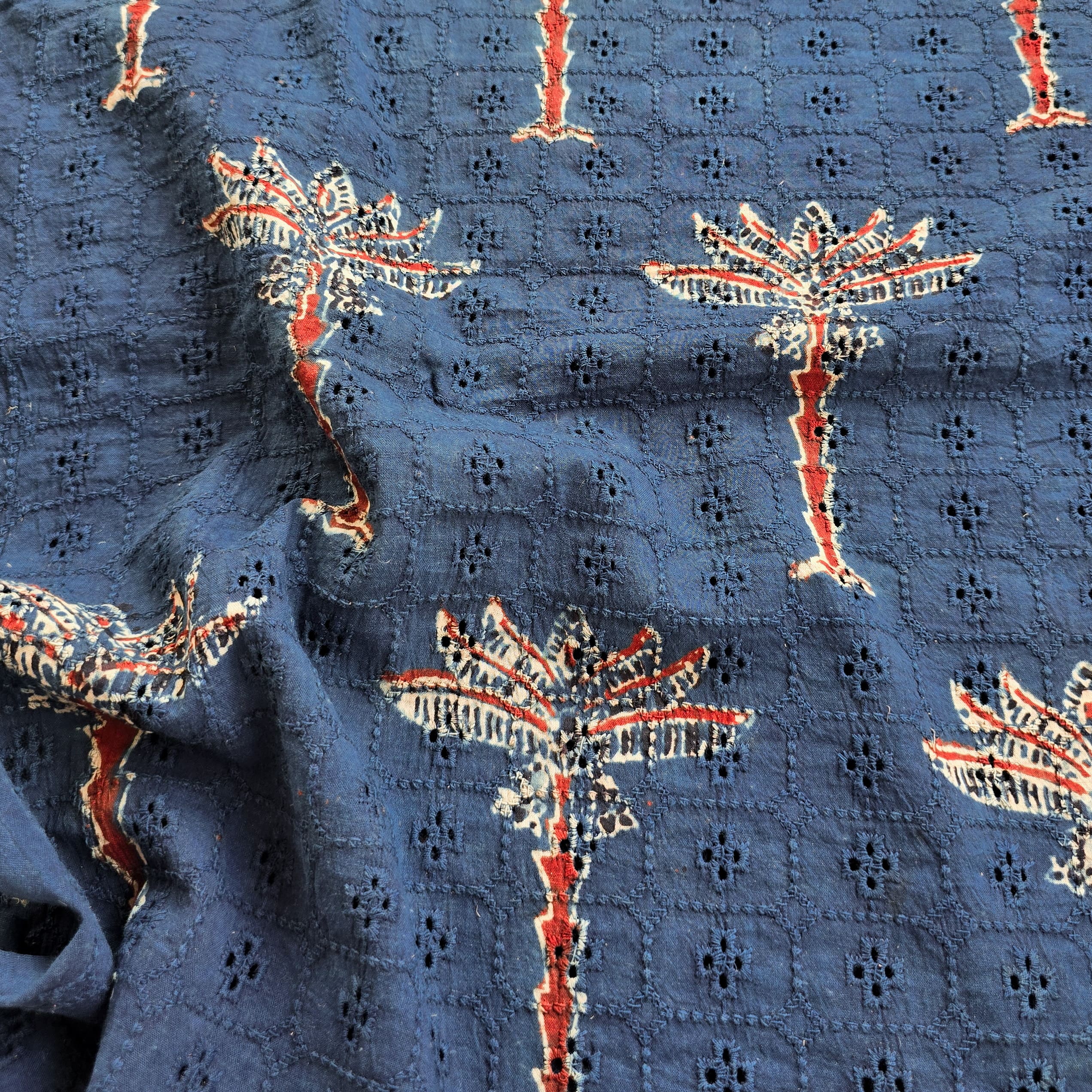 Pure Cotton Hakoba Ajrak Blue With Rust Red Coconut Tree Hand Block Pr – Sanskruti