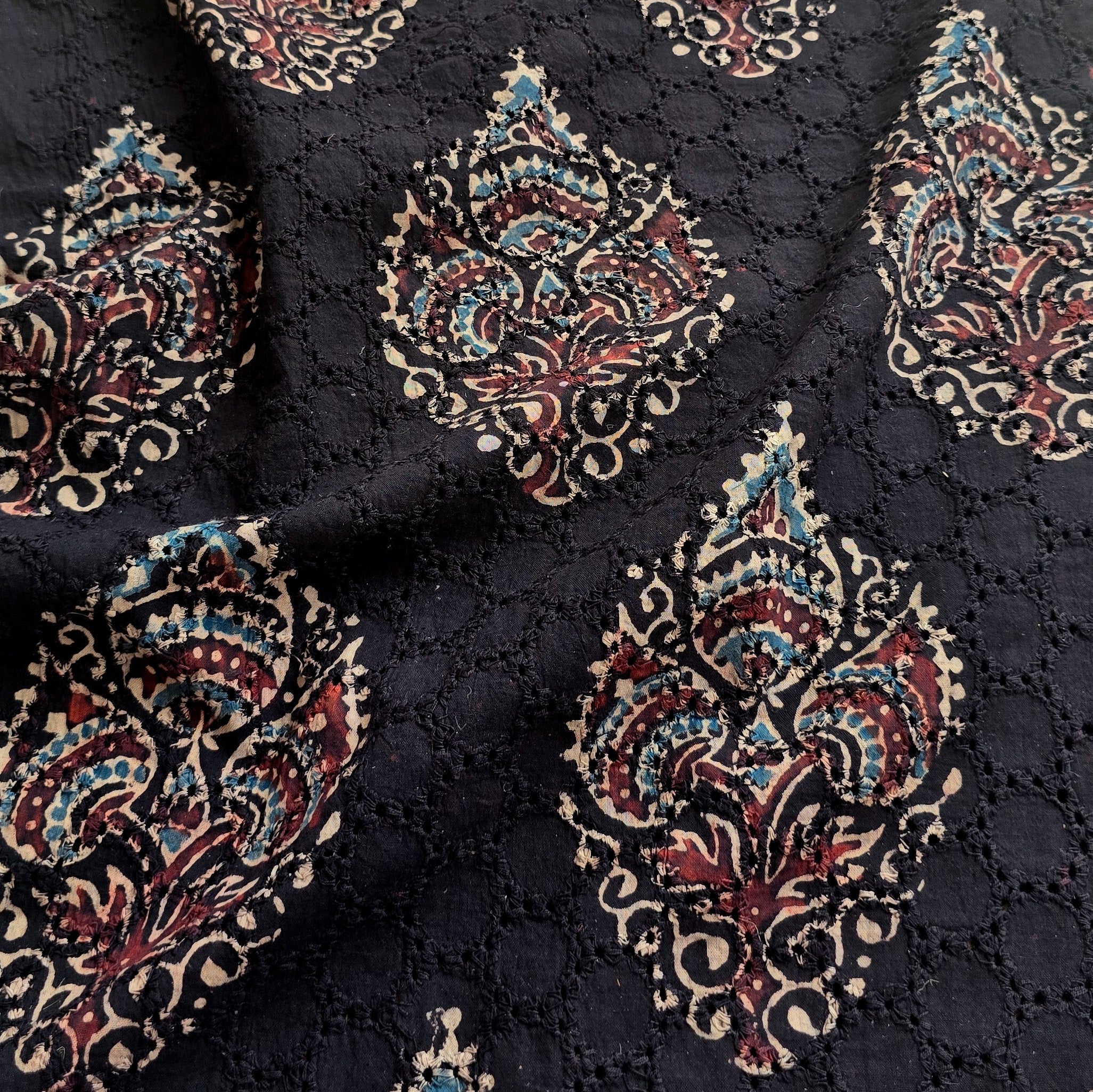 Pure Cotton Hakoba Ajrak Black With Rust Blue And Marron Big Flower Mo – Sanskruti