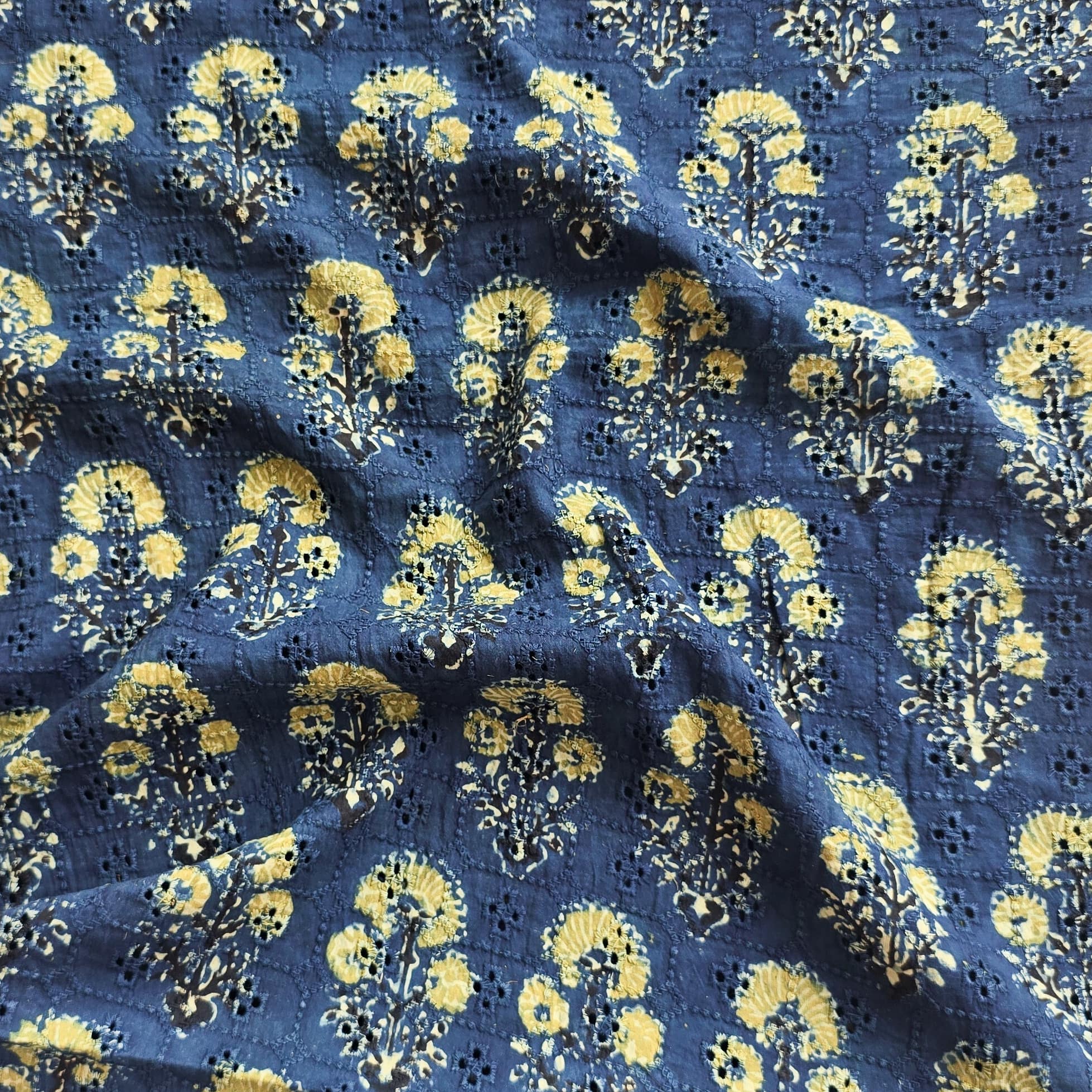 Pure Cotton Hakoba Ajrak Blue With Rust Green Flower Motif Hand Block – Sanskruti