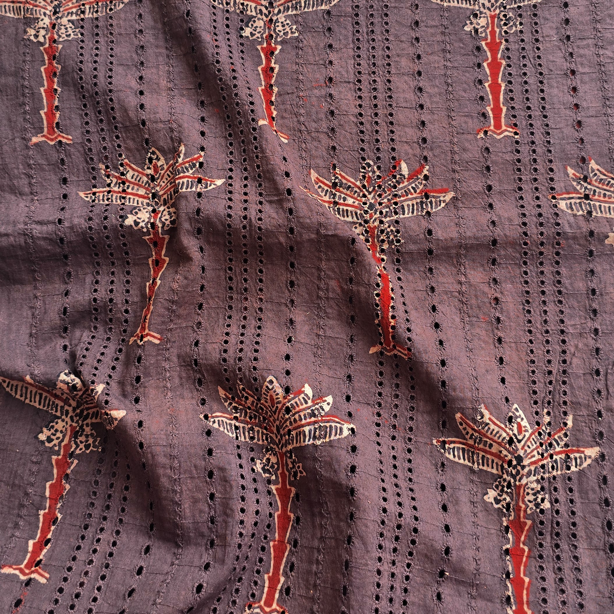 Pure Cotton Hakoba Ajrak Brown With Rust Red Coconut Tree Hand Block P – Sanskruti