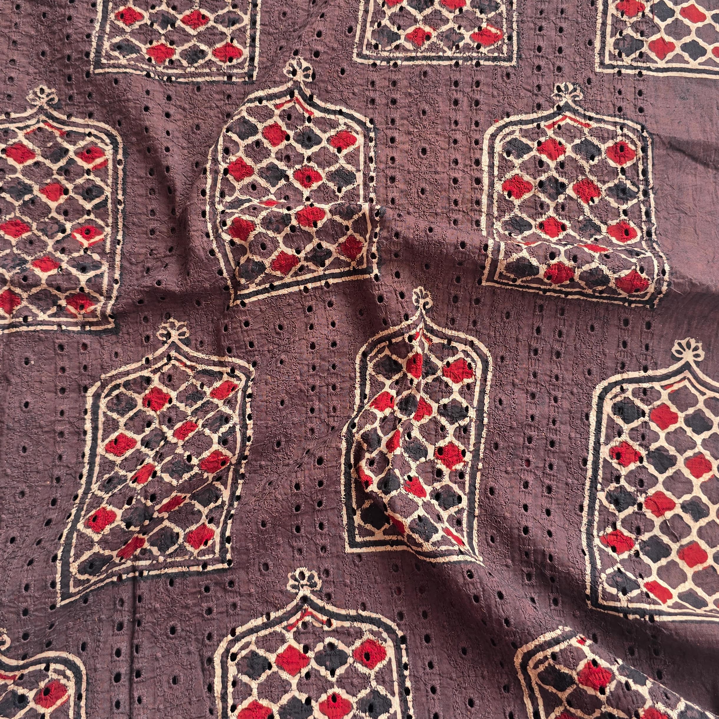 Pure Cotton Hakoba Ajrak Brown With Rust Red Window Design Hand Block – Sanskruti