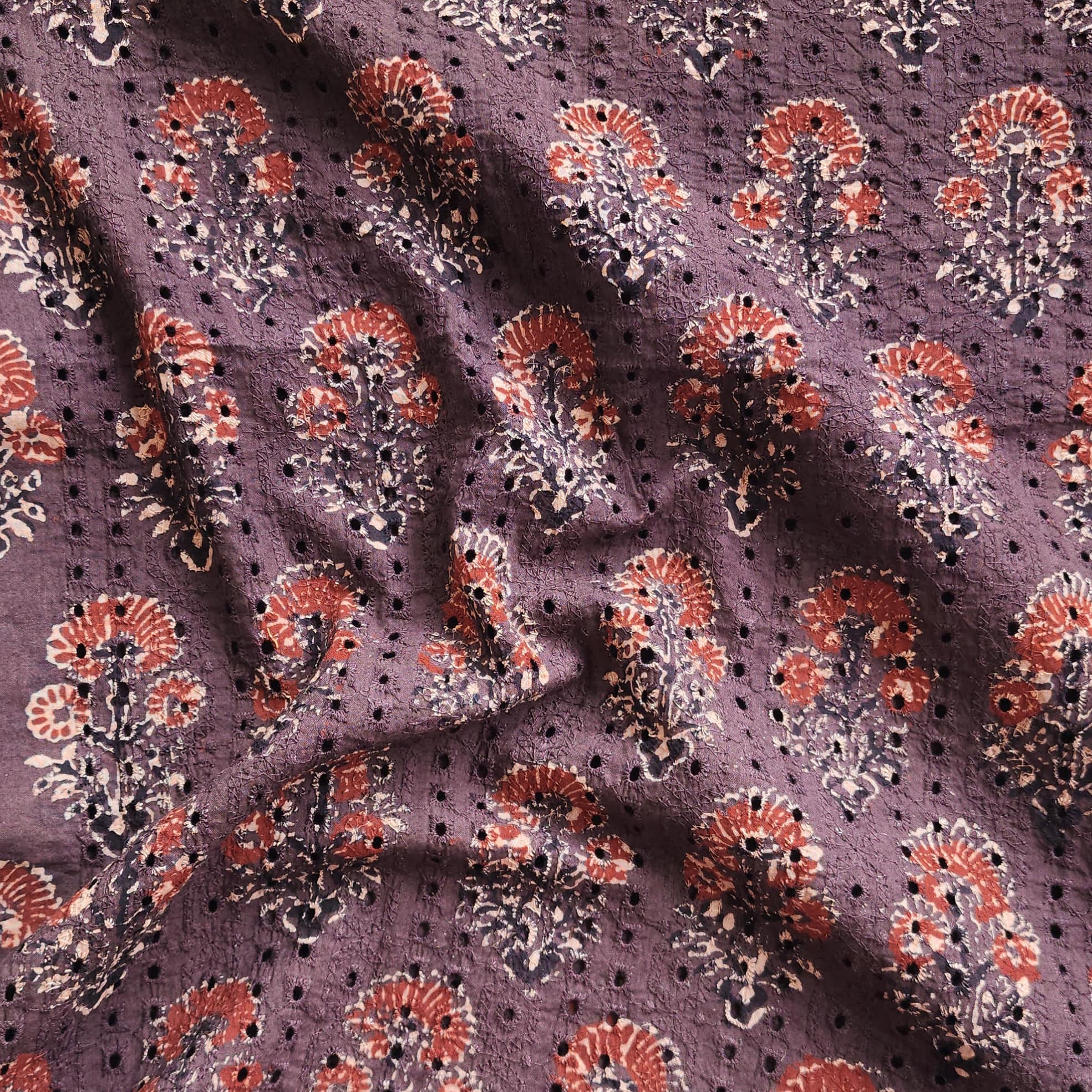Pure Cotton Hakoba Ajrak Brown With Rust Red Flower Motif Hand Block P – Sanskruti