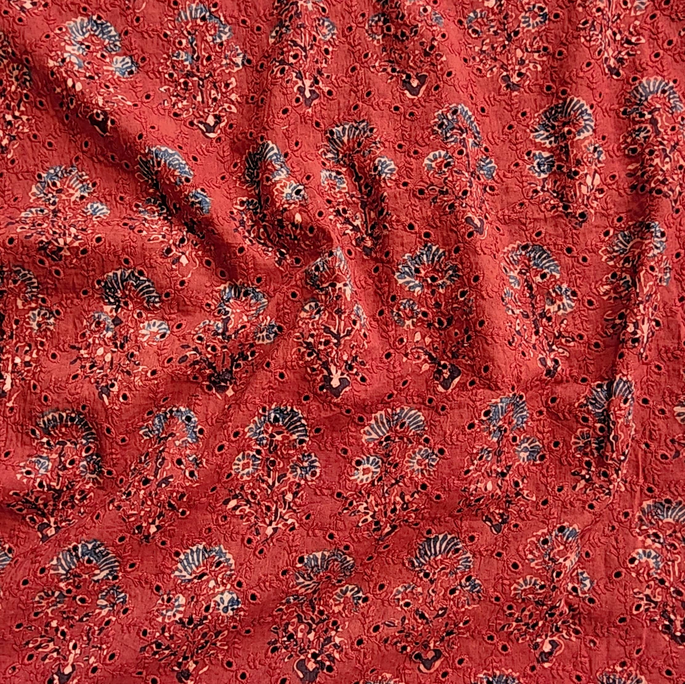 Pure Cotton Hakoba Ajrak Rust Red With Rust Blue Flower Motif Hand Blo – Sanskruti