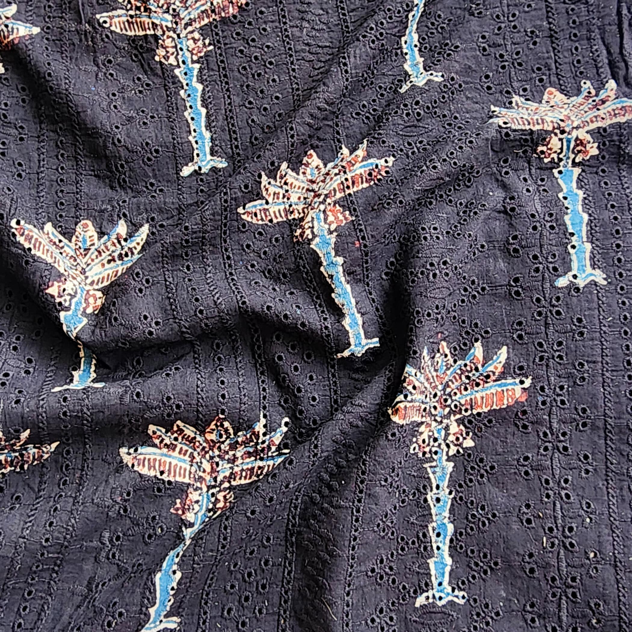 Pure Cotton Hakoba Ajrak Black With Rust Blue And Marron Coconut Tree – Sanskruti