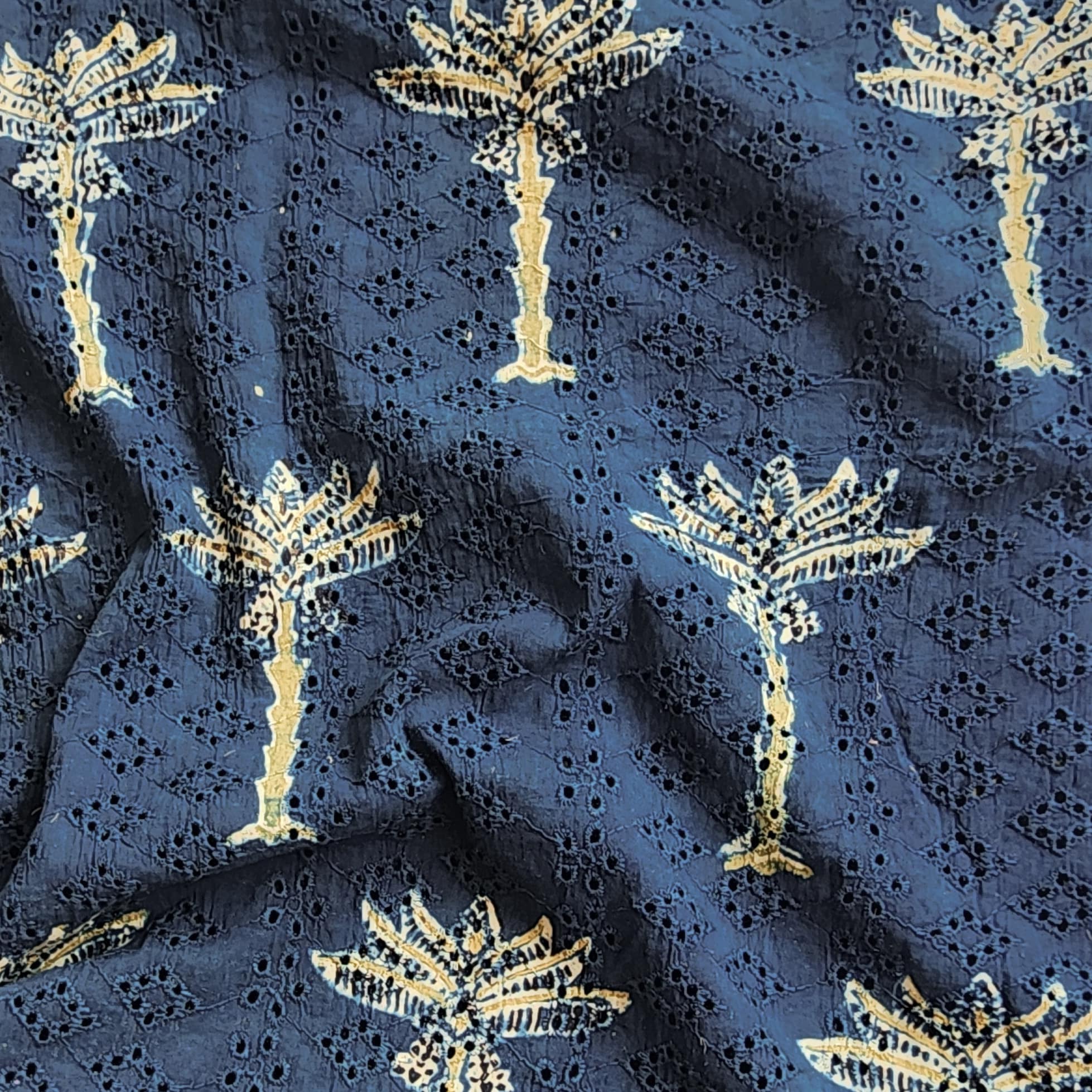 Pure Cotton Hakoba Ajrak Blue With Rust Green Coconut Tree Hand Block – Sanskruti
