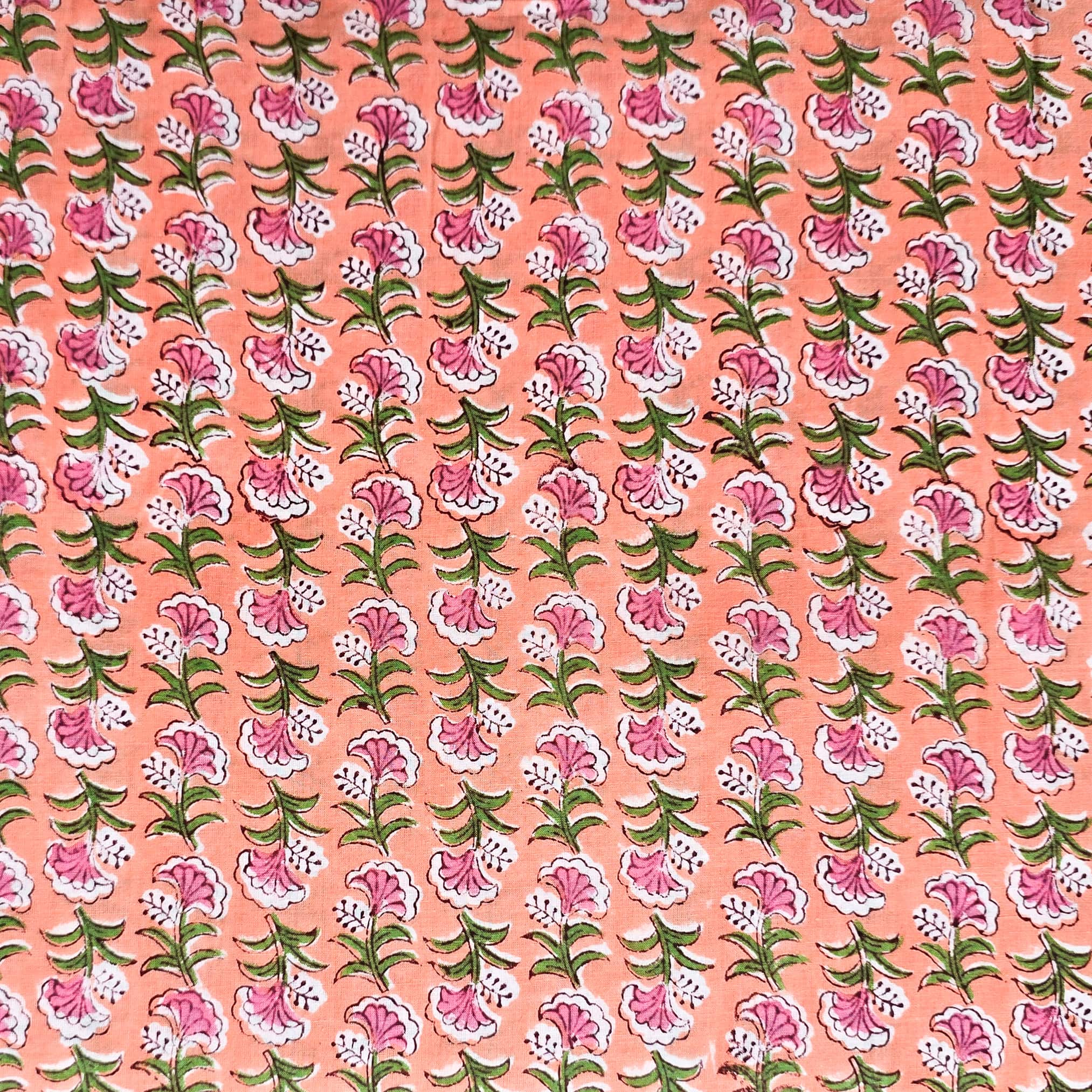 (PRE-CUT 0.80 METER) Pure Cotton Jaipuri Peach With Pink Small Flower – Sanskruti