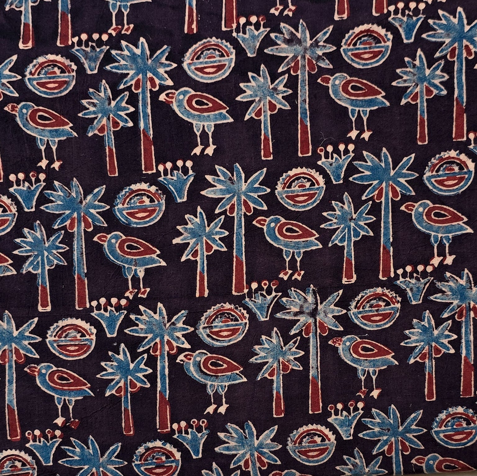 Pure Cotton Ajrak Black With Rust Blue Coconut Tree Farm Hand Block Pr – Sanskruti