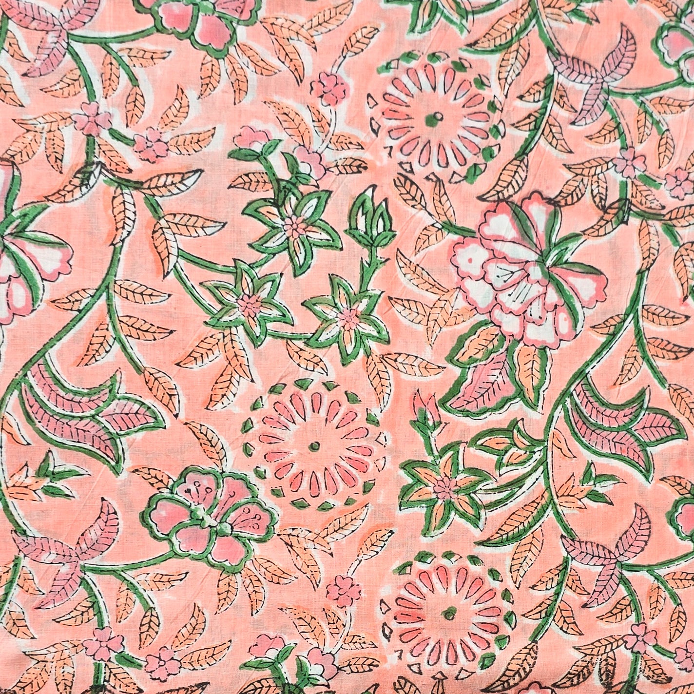 (PRE-CUT 2 METER) Pure Cotton Jaipuri Peach With Green Flower Jaal Han – Sanskruti