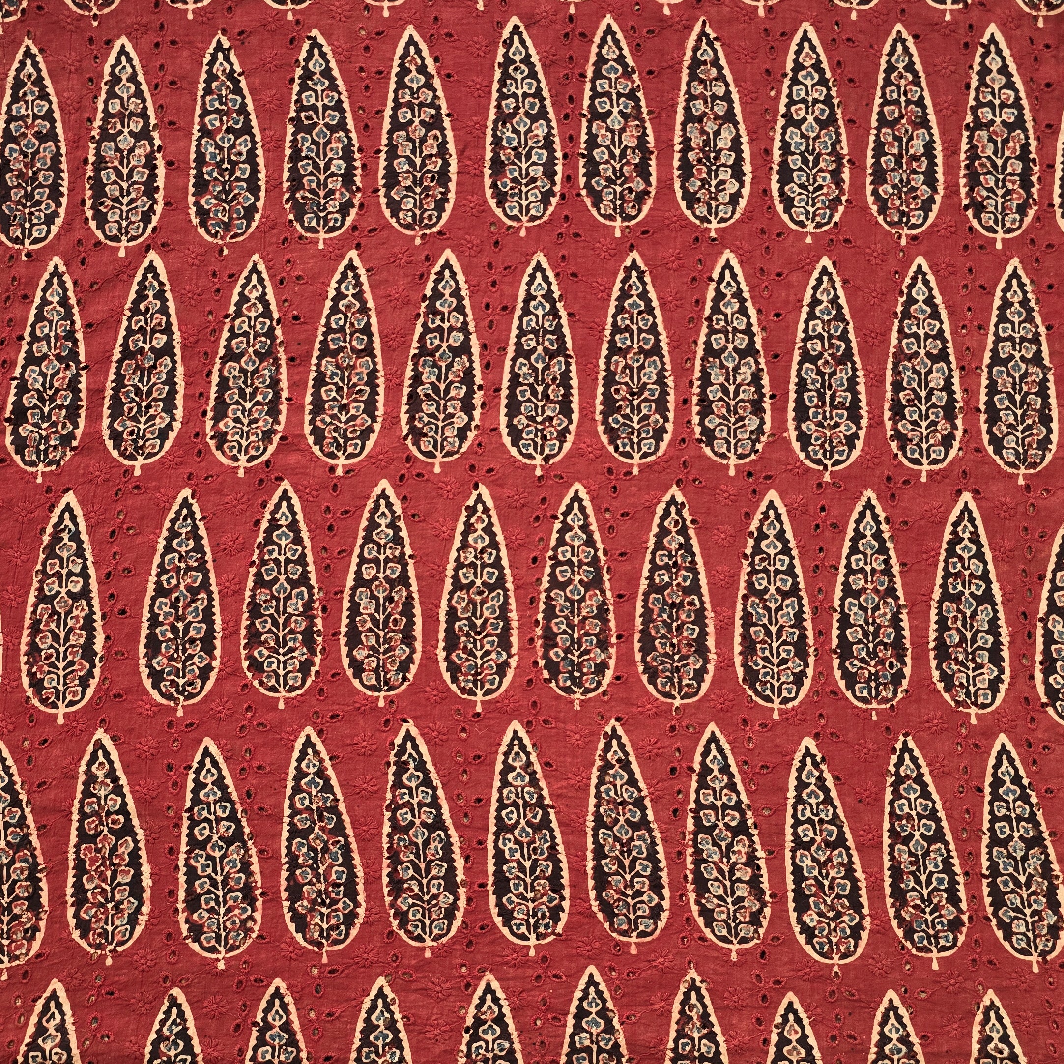 Pure Cotton Hakoba Ajrak Rust Red With Big Leaves Motif Hand Block Pri – Sanskruti