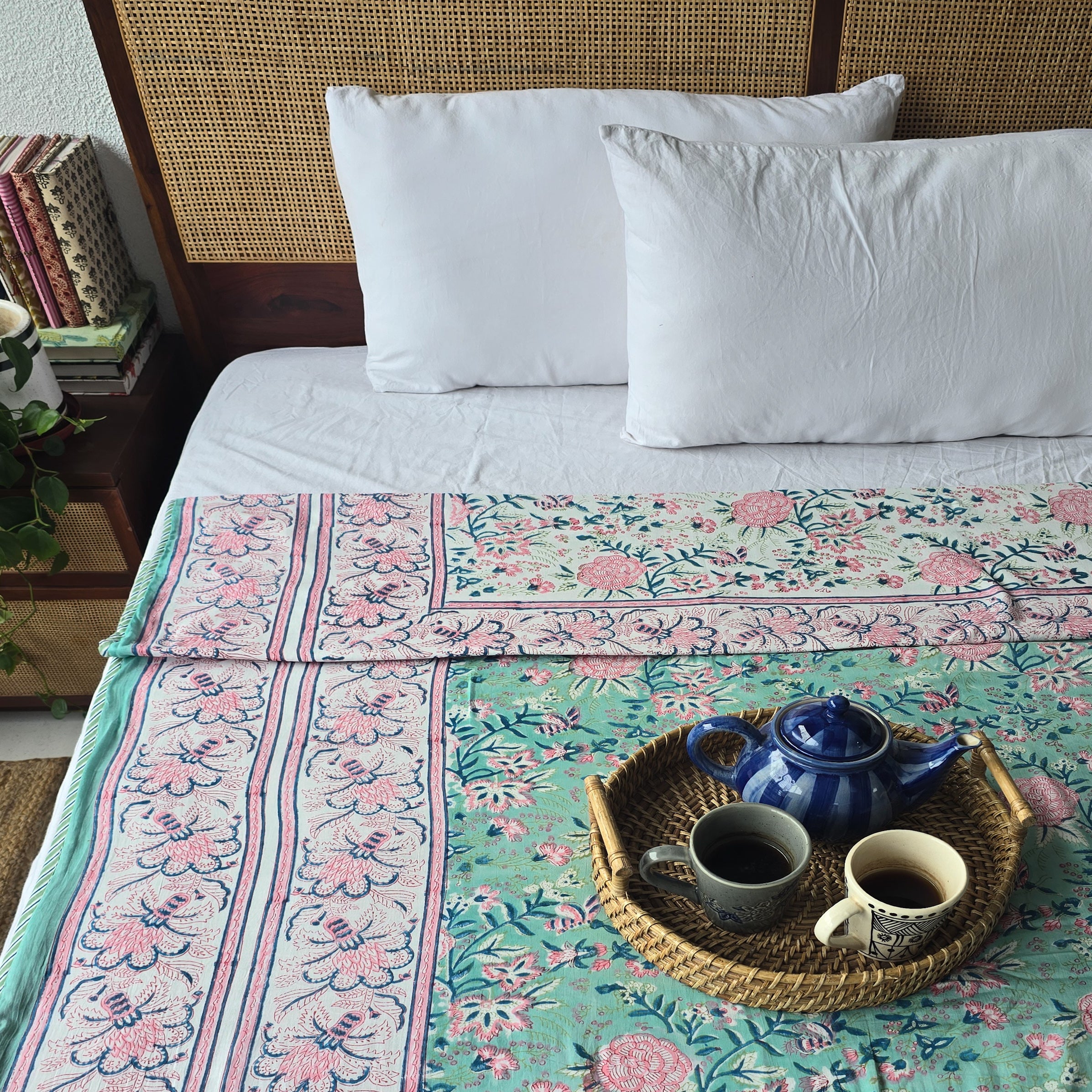 Coastal Floral-Pure Mul Cotton Hand Block Printed Reversible Dohar Bla – Sanskruti