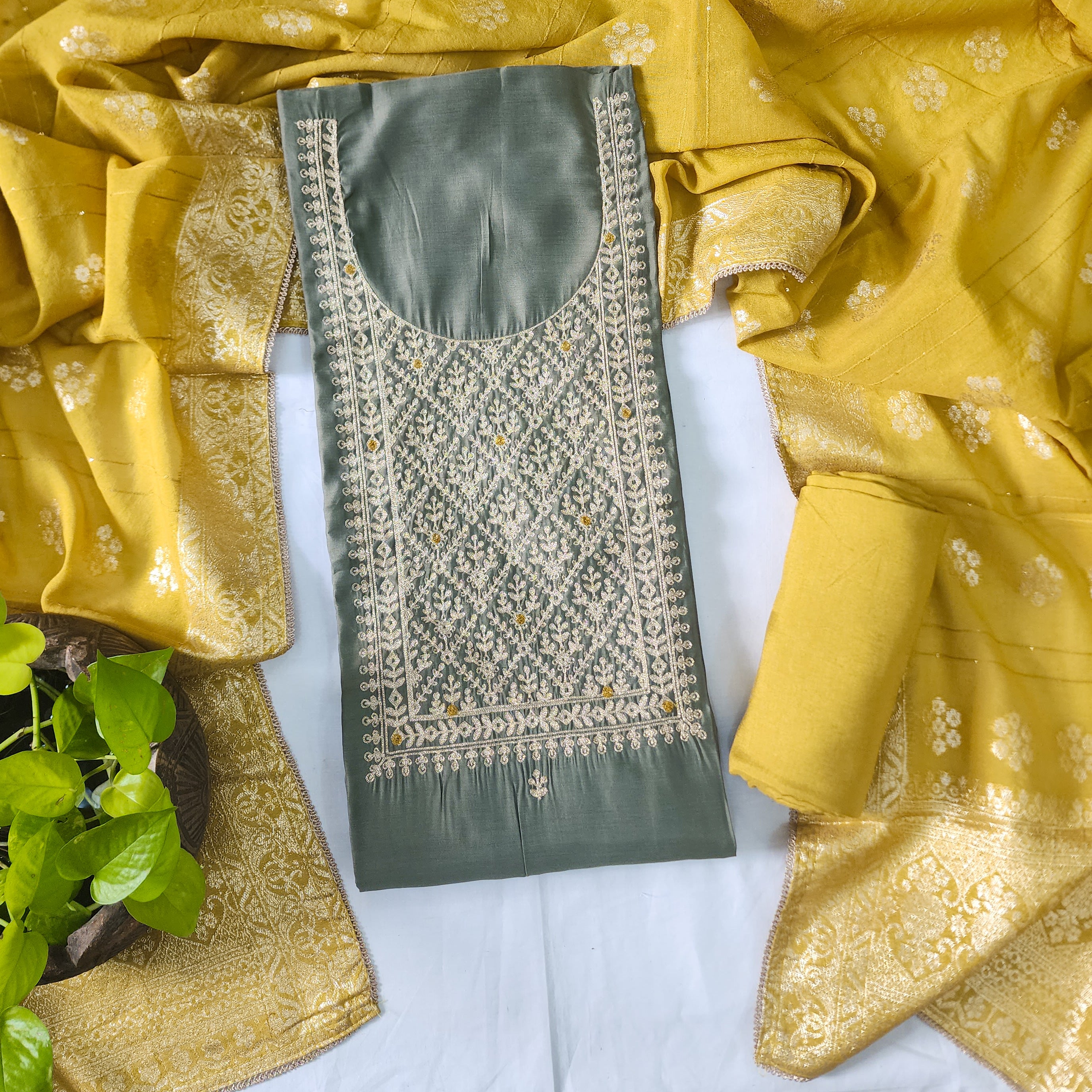AFZARA-Cotton Silk Mehindi Green With Beautiful Aari Work Yoke Top And – Sanskruti