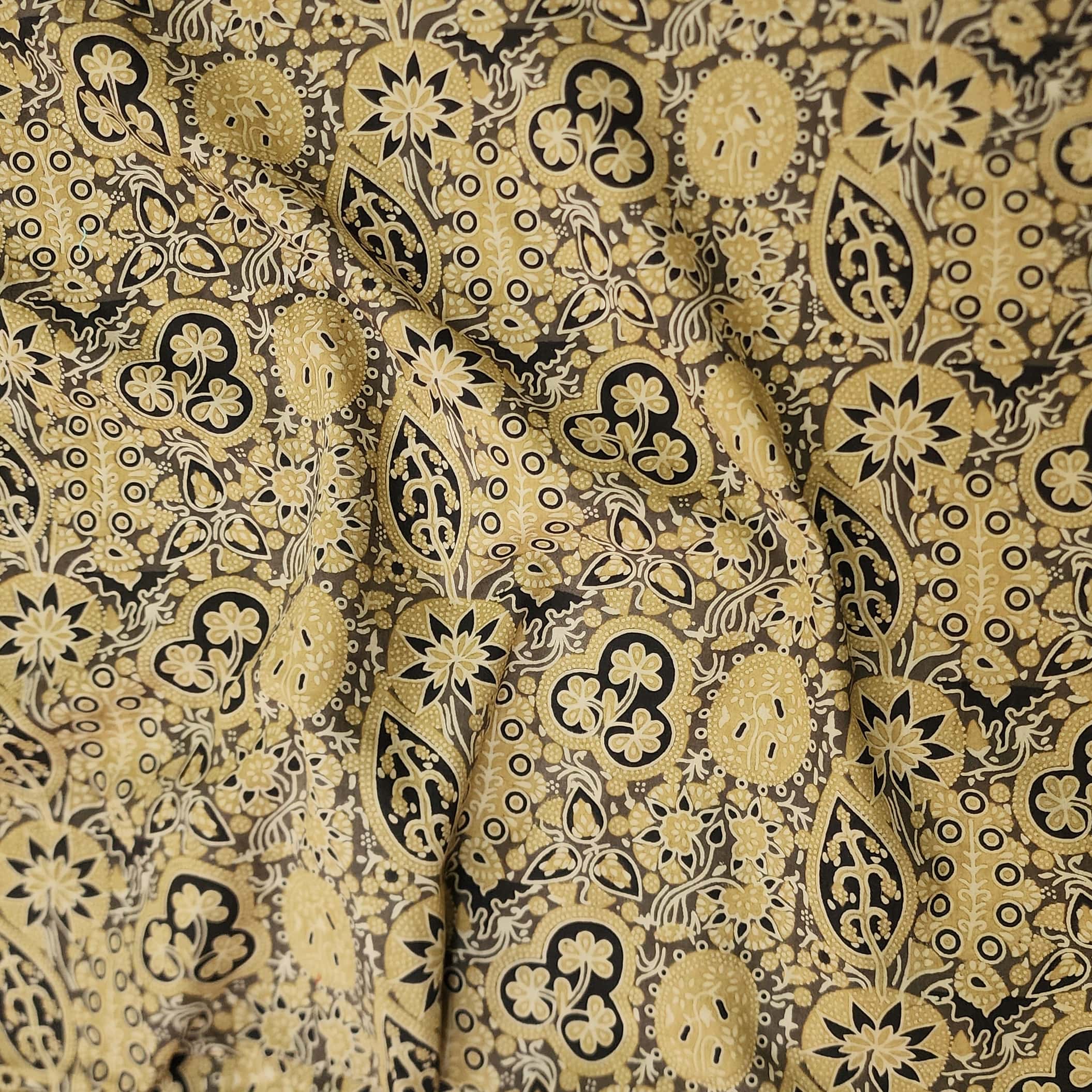 ( Pre-Cut 2 Meter ) Pure Cotton Ajrak Mustard With Black Hand Block Pr – Sanskruti
