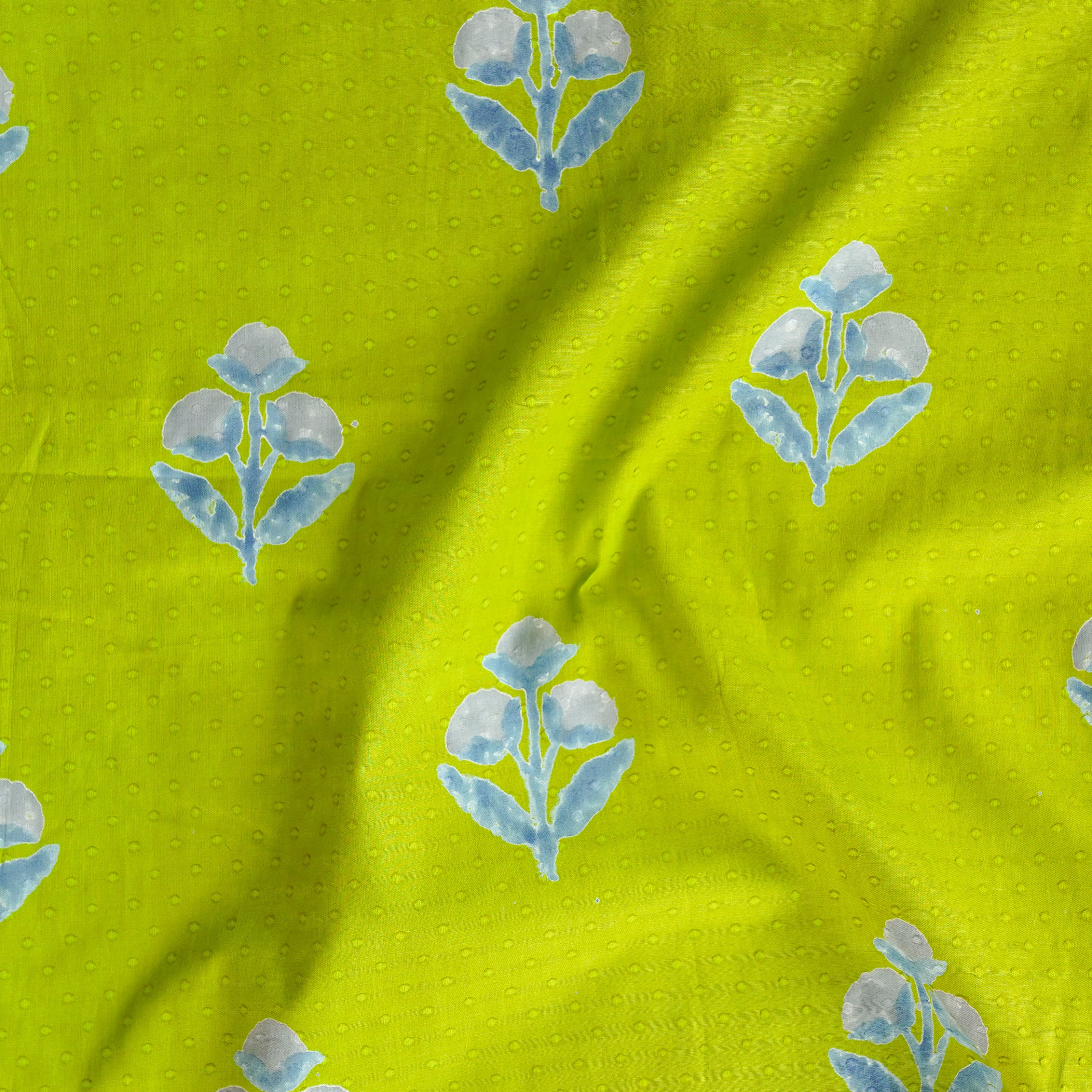 Pure Cotton Doby Discharge Parrot Green And Blue With Grey Big Flowers – Sanskruti