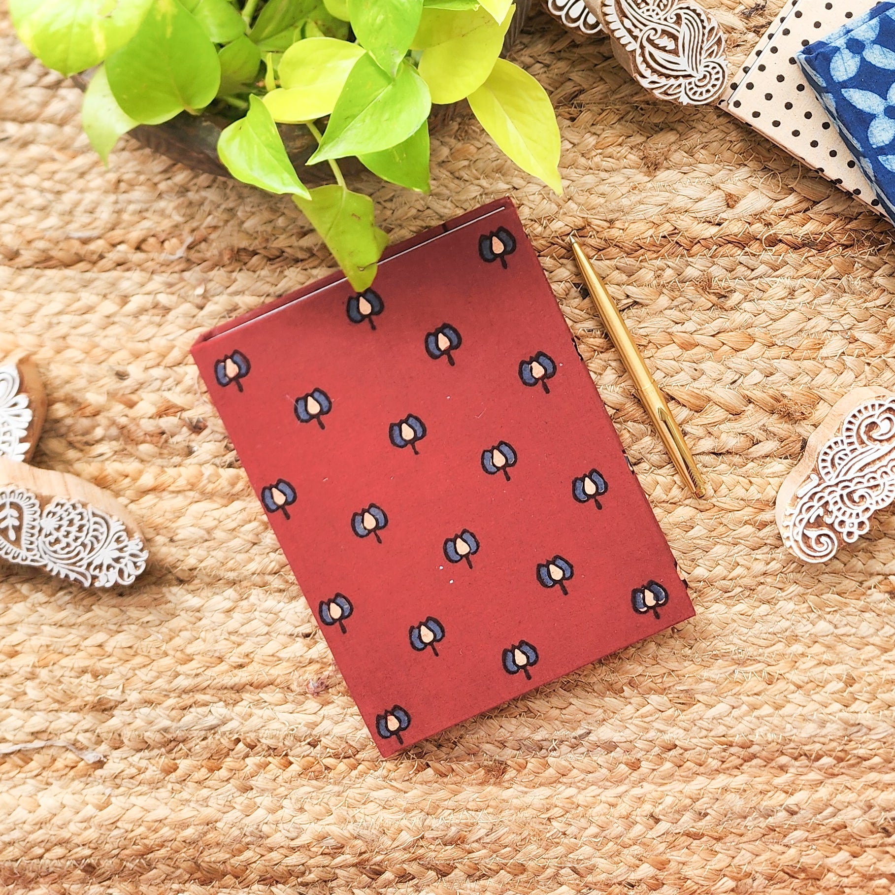 Handmade Upcycled Ajark Rust Red With Blue Lotus Dairy – Sanskruti