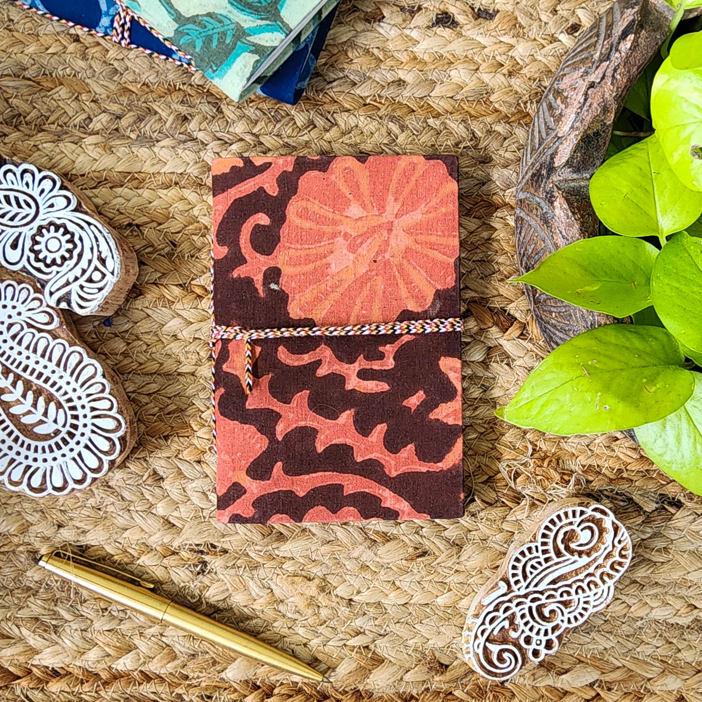 Handmade Upcycled Vanaspati Black With Rust Red Flower Jaal Bahi Diary – Sanskruti