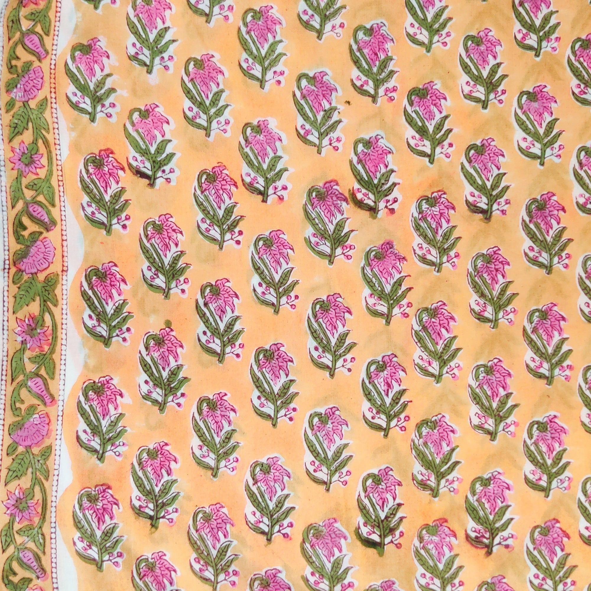 PRE-CUT 1.20 METER Pure Cotton Jaipuri Orange With Pink Jasmine Hand B – Sanskruti