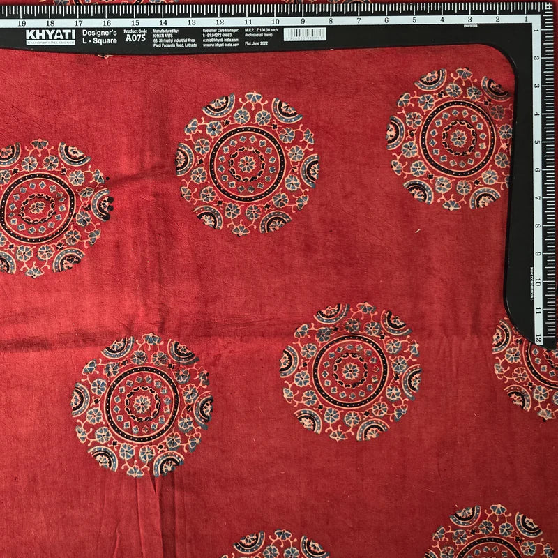 ( PRE-CUT 1.20 METER ) Pure Cotton Ajrak Red Big Circle Mahindi Design – Sanskruti