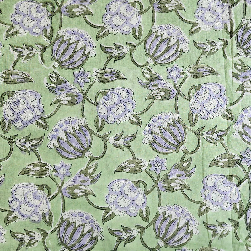 ( PRE-CUT 1 METER ) Pure Cotton Jaipuri Green With Grey And White Lotu – Sanskruti