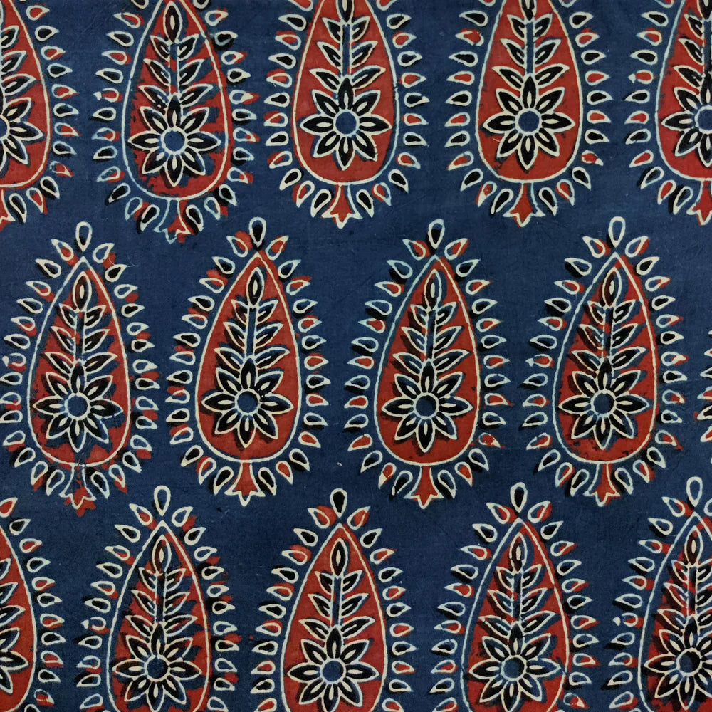 ( PRE-CUT 2.35 METER) Pure Cotton Ajrak Blue With Rust Big Leafs With – Sanskruti