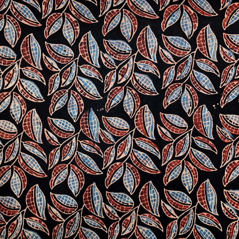 Pre-Cut 0.80 Meter Pure Cotton Ajrak Black With Blue Leaves Jaal Hand – Sanskruti