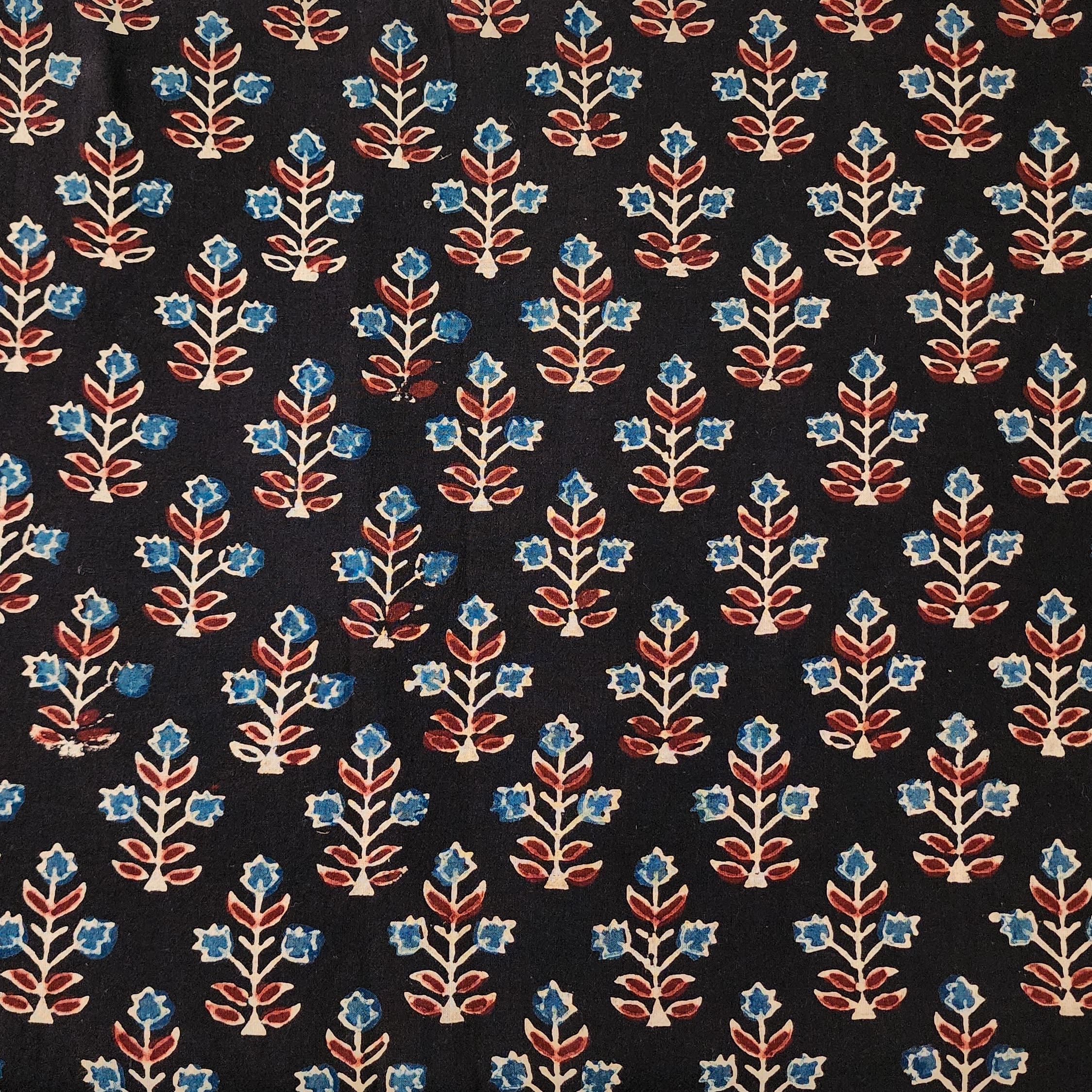 Pure Cotton Ajrak Black With Rust Red With Blue Flower Hand Block Prin – Sanskruti