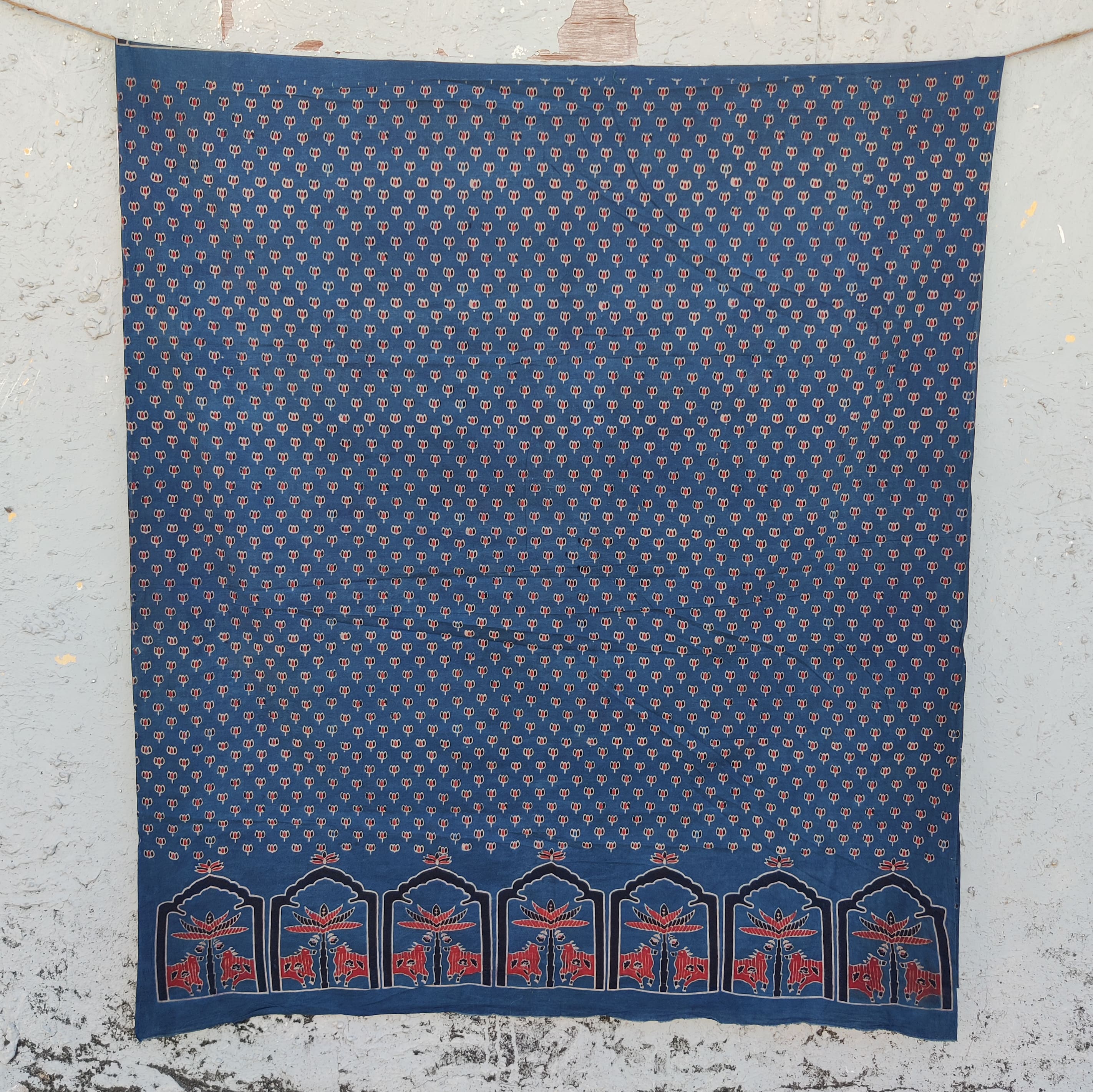 (Pre-Cut 2.60 meter )Pure Cotton Ajrak Blue With Lotus And Big Border – Sanskruti