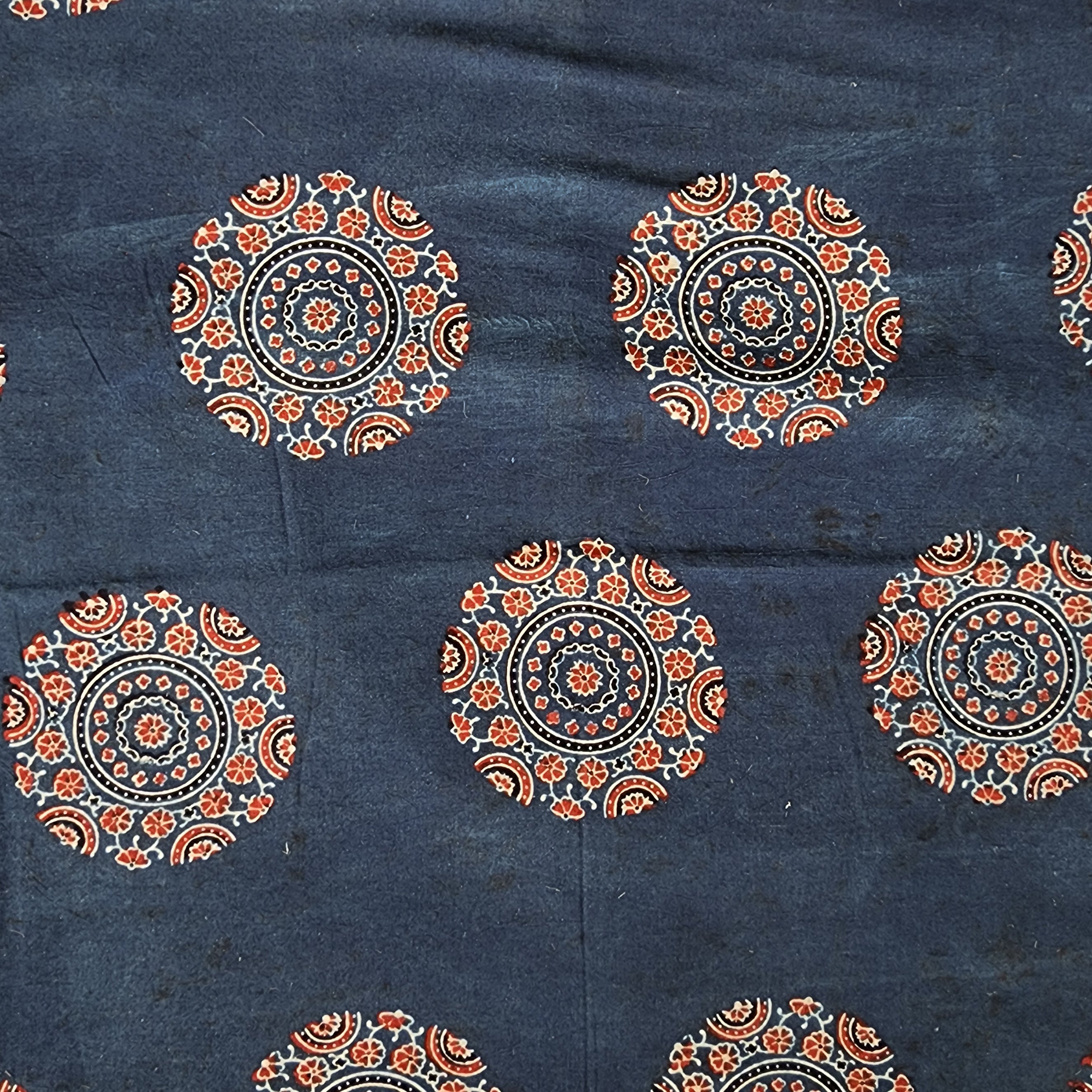 Pure Cotton Ajrak Blue With Red Circle Mahindi Design Hand Block Print – Sanskruti
