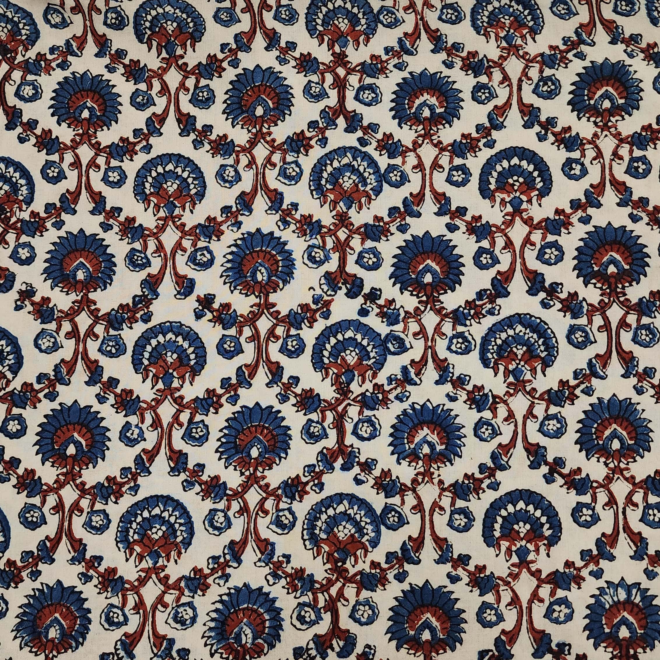 Pure Cotton Ajrak Cream With Blue And Rust Flower Jaal Hand Block Prin – Sanskruti