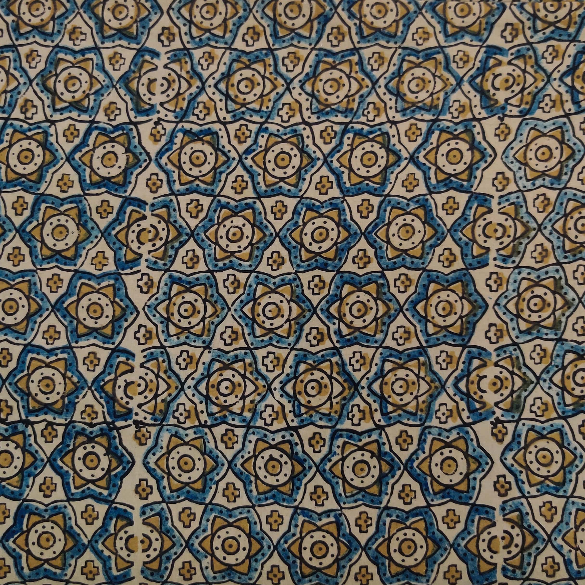 (Pre Cut 1 Meter )Pure Cotton Ajrak Cream With Blue Stars Hand Block P – Sanskruti