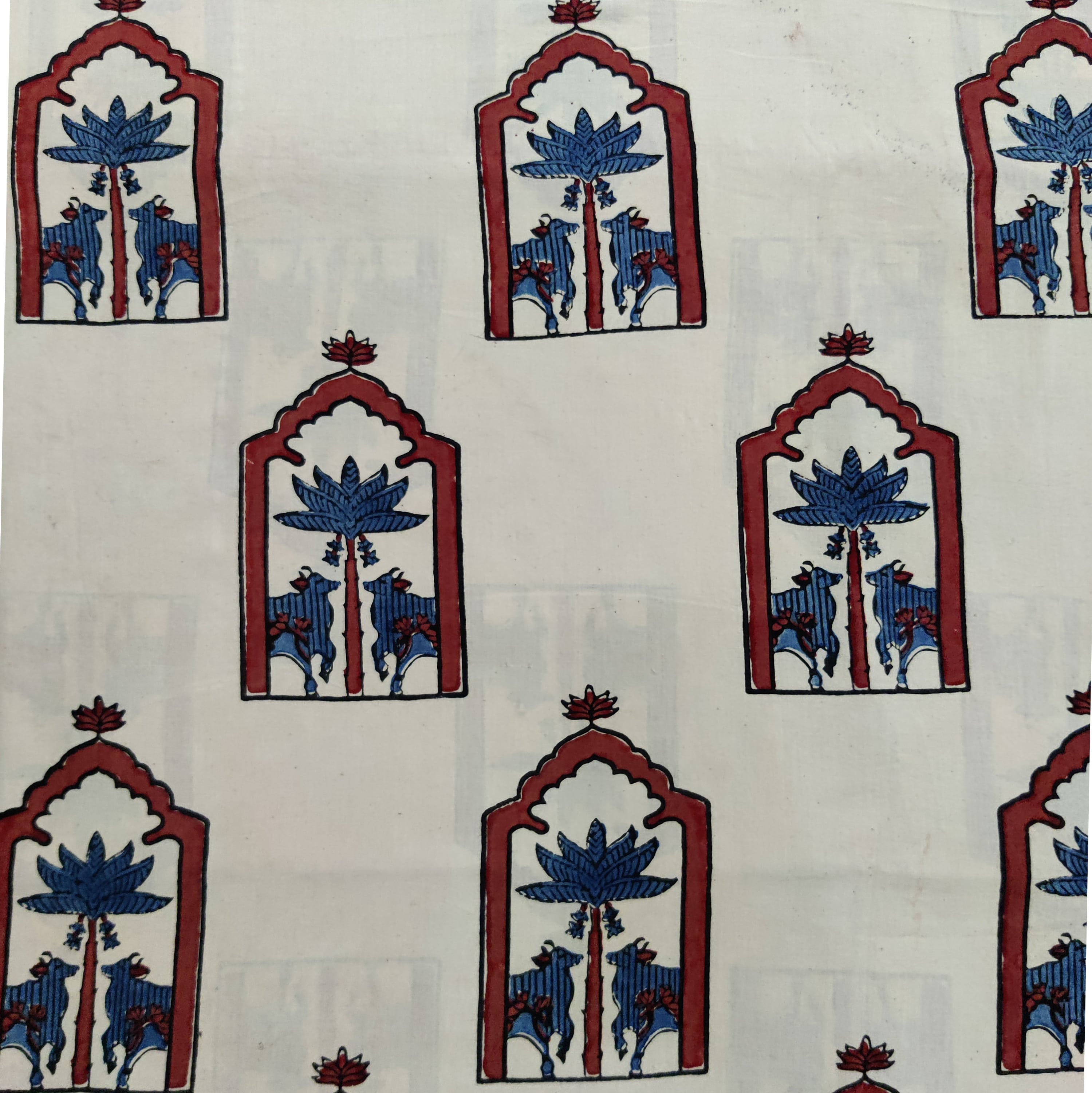 ( Pre-Cut 0.80 Meter ) Pure Cotton Ajrak Cream With Rust And Blue Big – Sanskruti