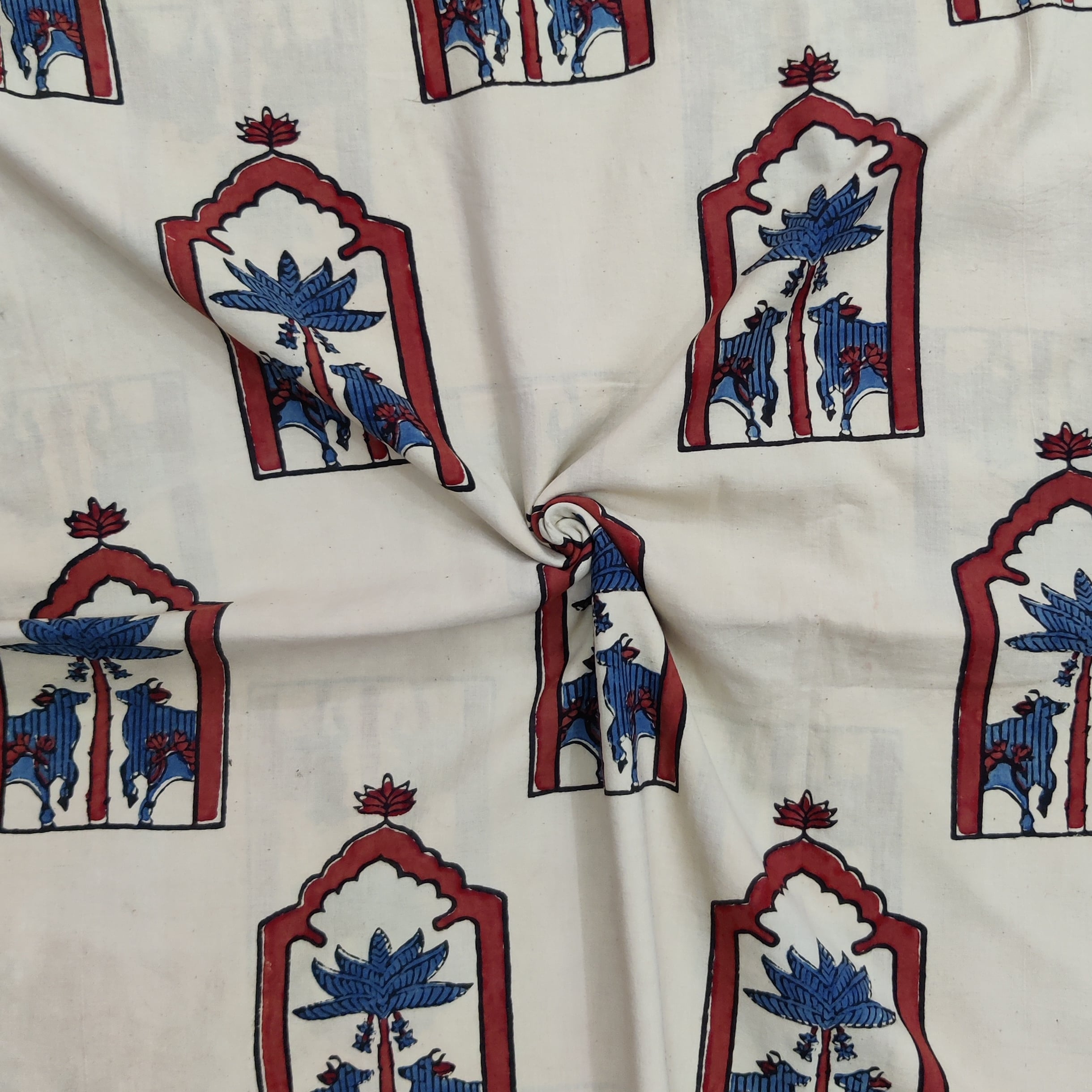 ( Pre-Cut 2 Meter ) Pure Cotton Ajrak Cream With Rust And Blue Big Win – Sanskruti