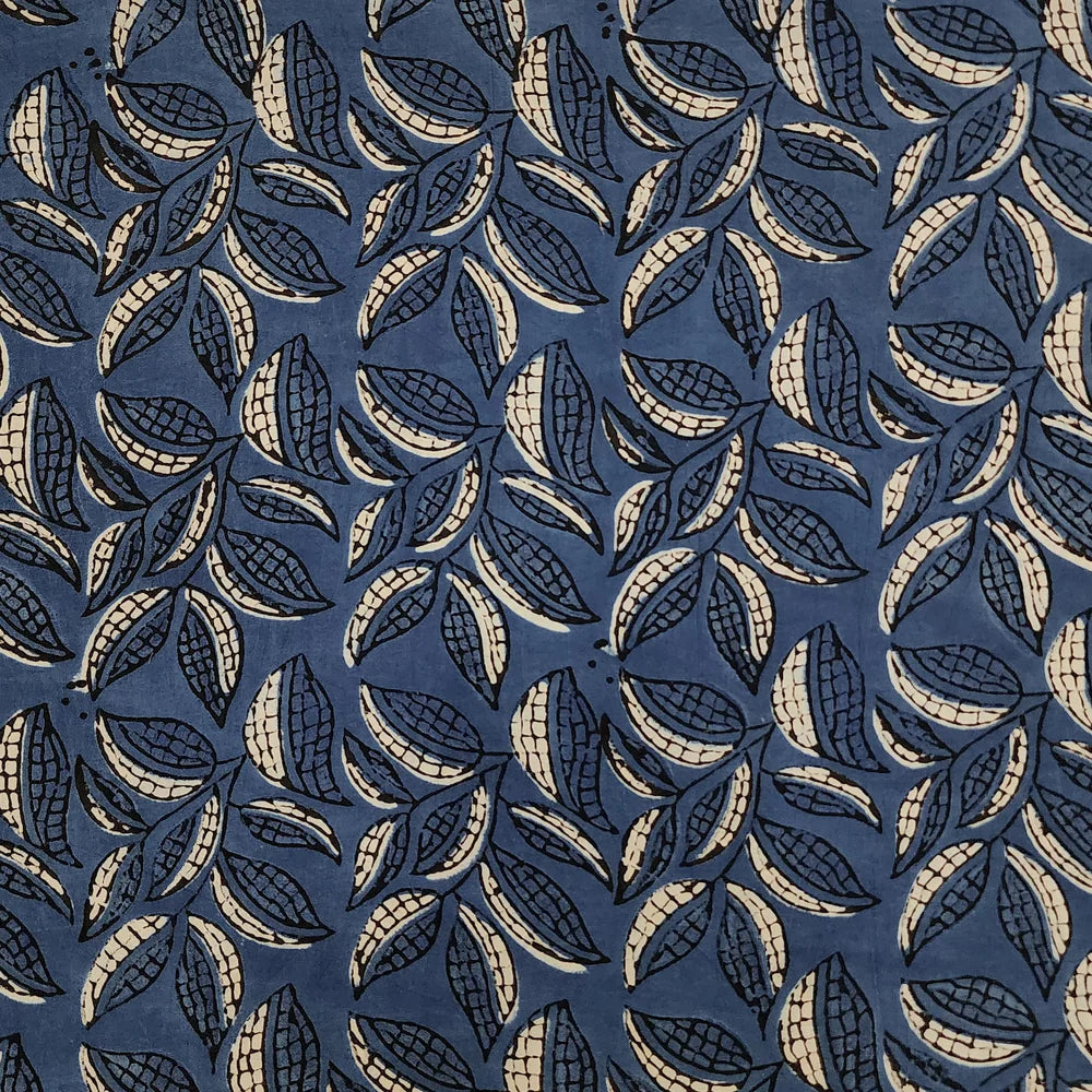 ( PRE-CUT 0.90 METER ) Pure Cotton Ajrak Dark Blue With Cream Leaves J – Sanskruti