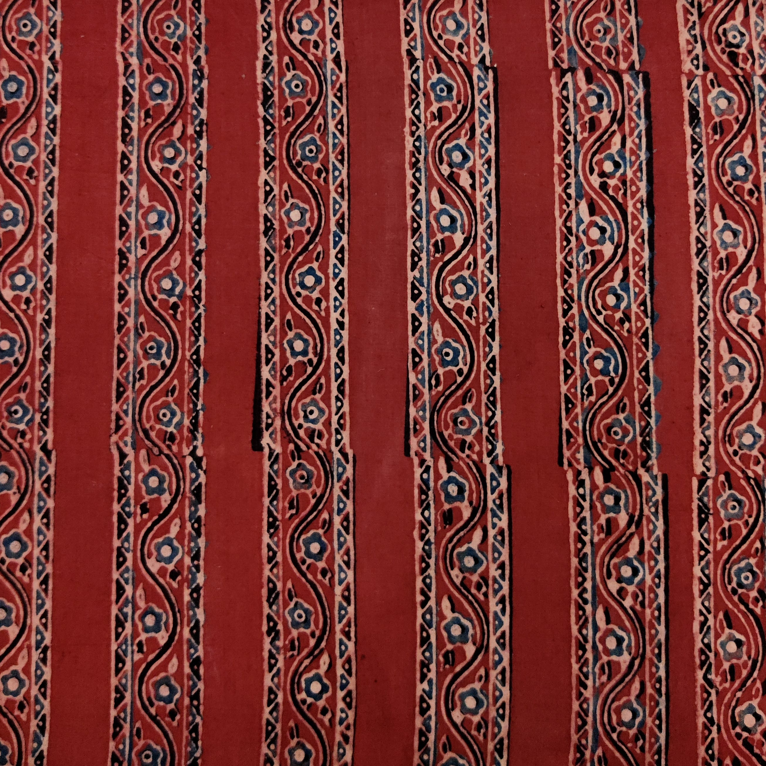 Pure Cotton Ajrak Rust And Blue Flower Creeper Hand Block Print Fabric – Sanskruti