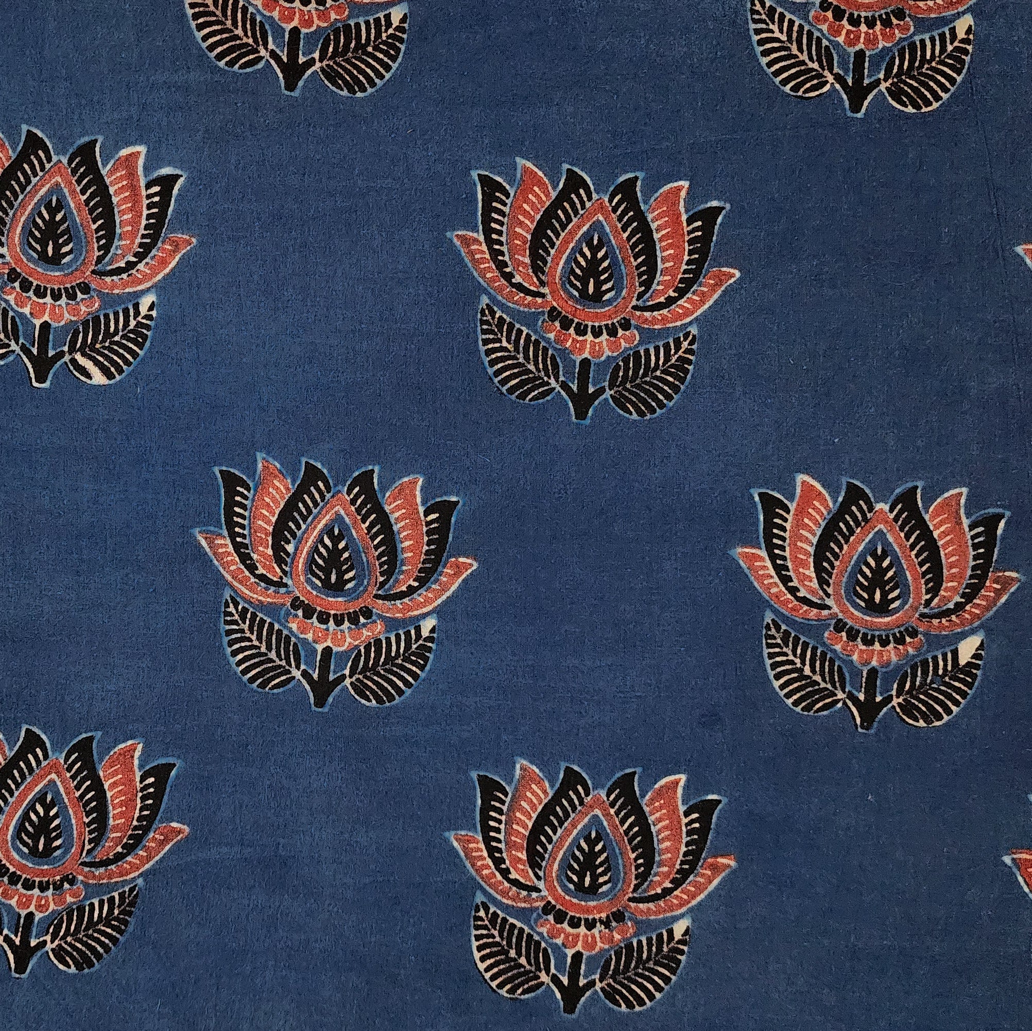 ( Pre-Cut 0.85 Meter ) Pure Cotton Ajrak Rust Blue With Red Lotus Moti – Sanskruti