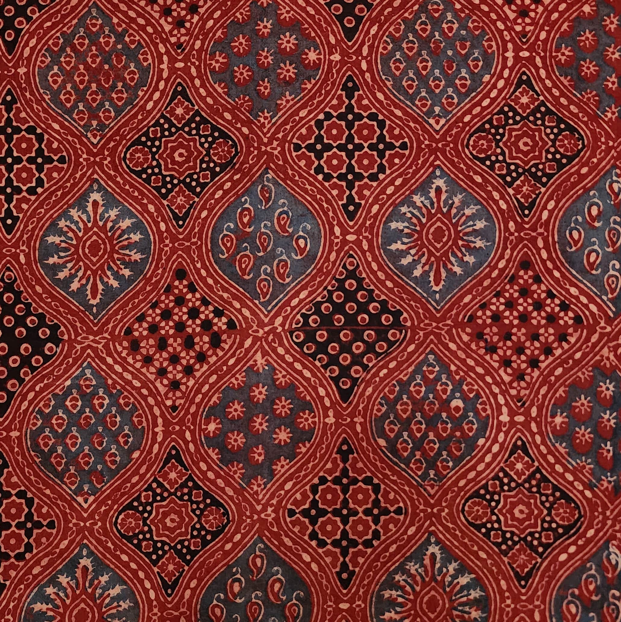 Pure Cotton Ajrak Rust Red And Blue With Black Intricate Design Hand B – Sanskruti