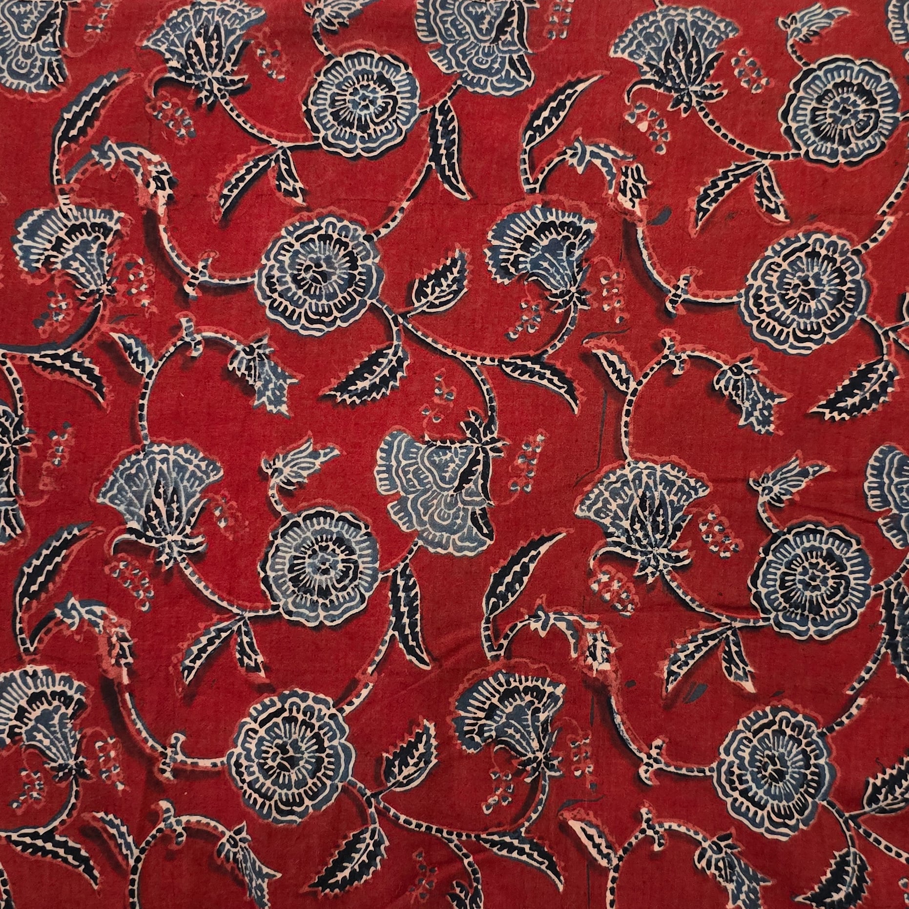 Pure Cotton Ajrak Rust Red With Blue Flower Jaal Hand Block Print Fabr – Sanskruti