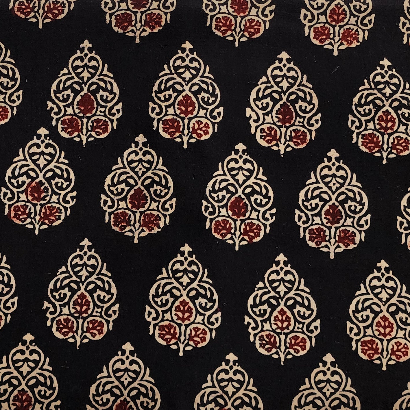 (Pre Cut 1.55 Meter )Pure Cotton Ajrak Vegetable Dyed Black With Cream – Sanskruti