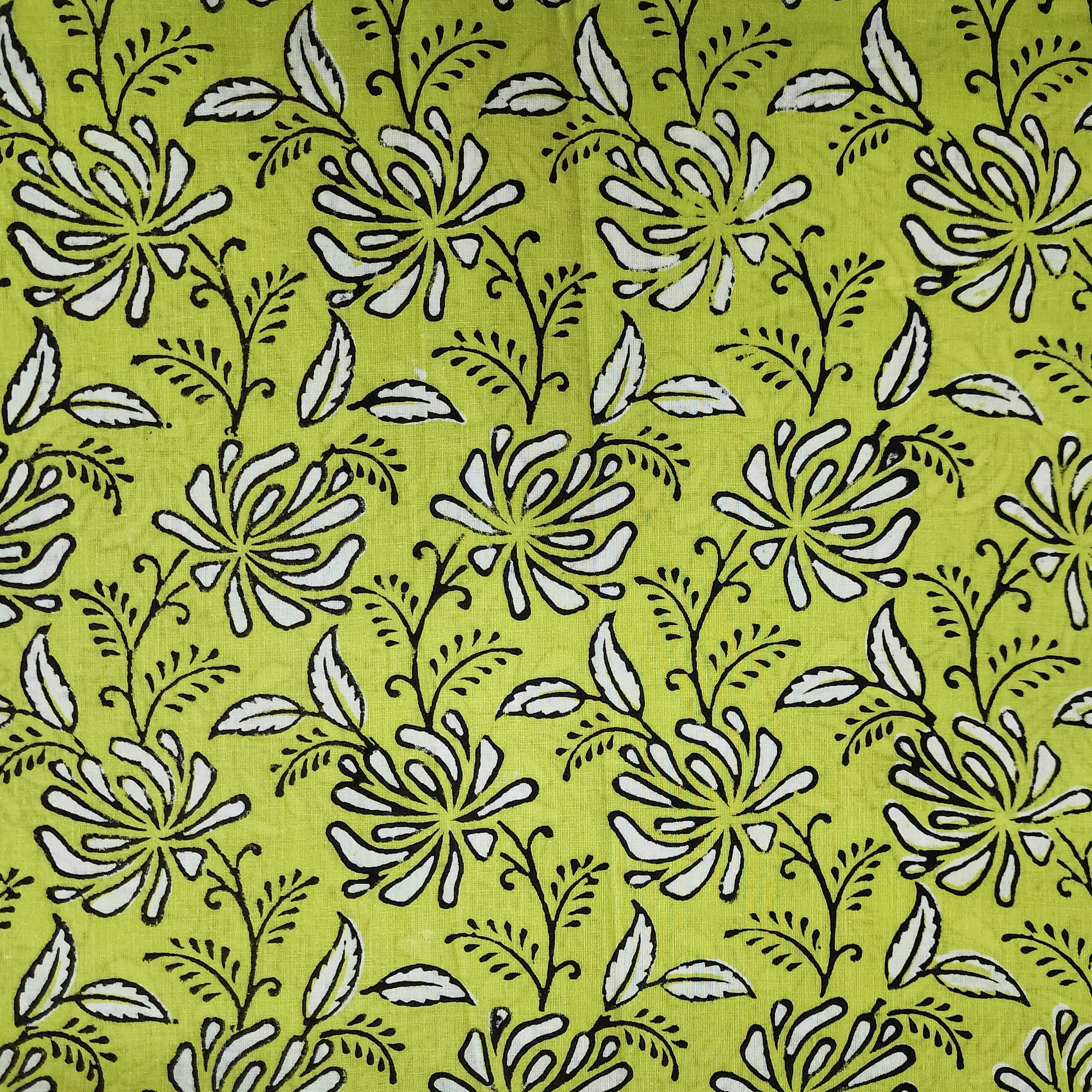 Pre-Cut 0.95 Meter Pure Cotton Dabu Green With Cream Floral Jaal Hand – Sanskruti