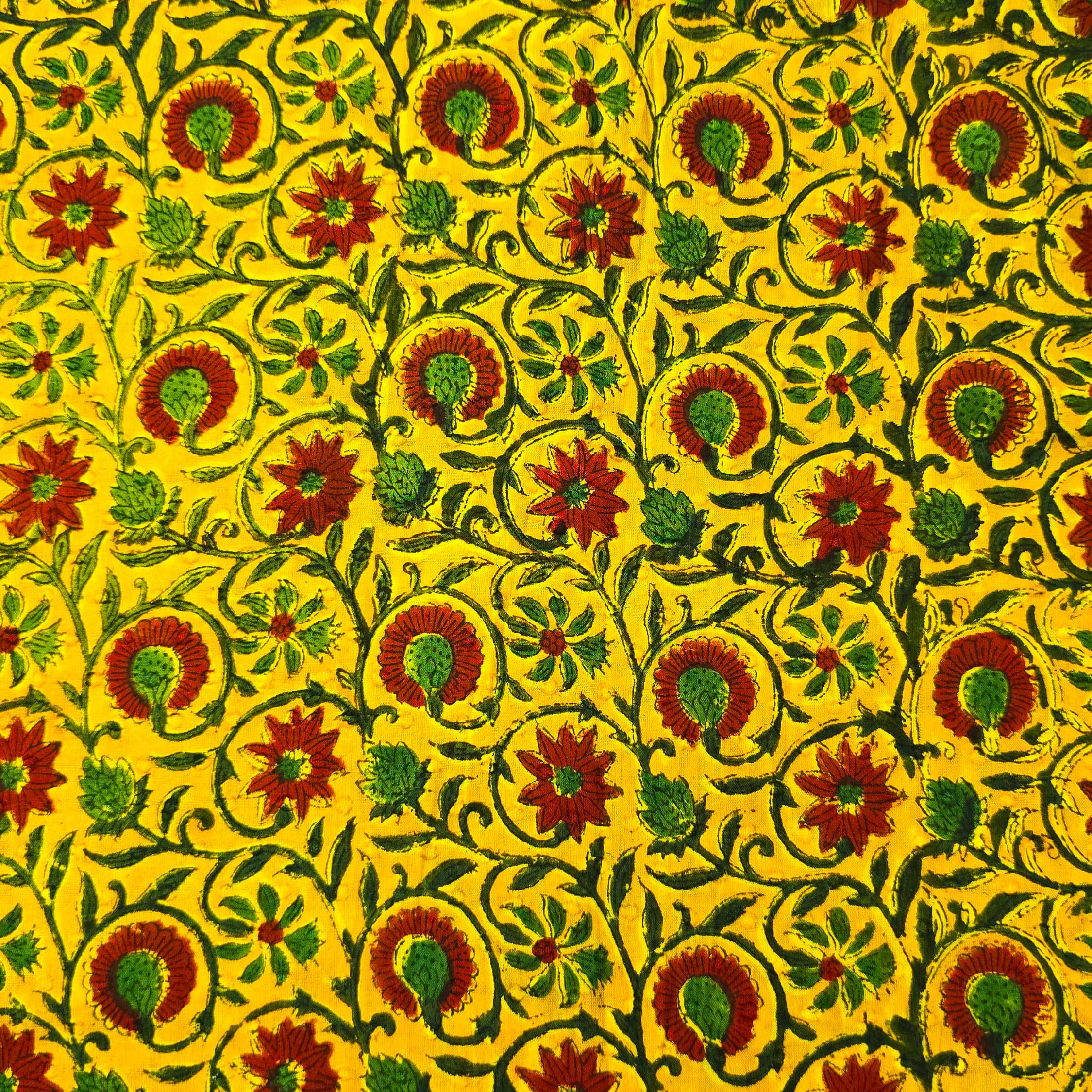 Pure Cotton Doby Dabu Yellow With Red Flower And Green Jaal Hand Block – Sanskruti