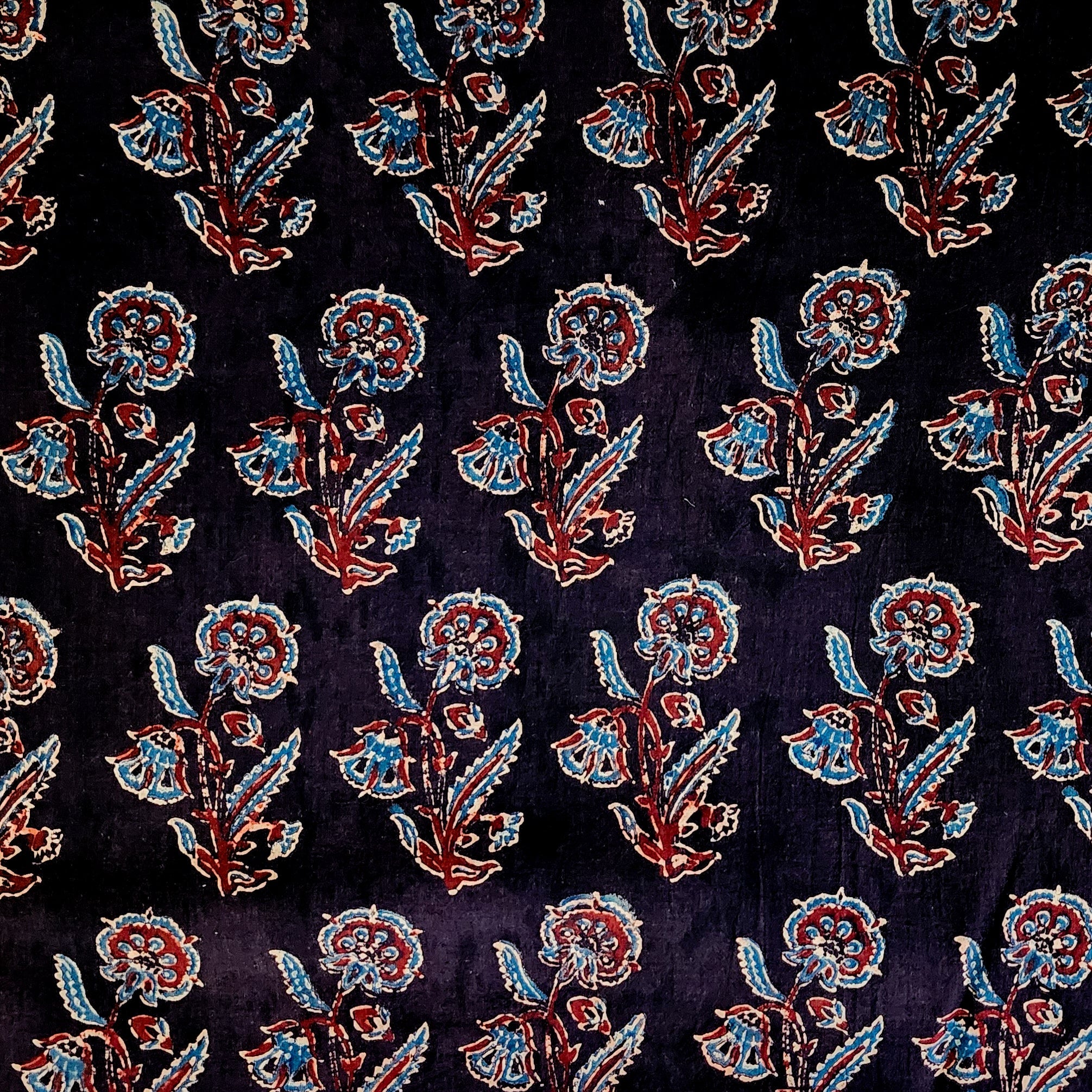 Pure Cotton Double Ajrak Black With Rust And Blue Flower Motif Hand Bl – Sanskruti