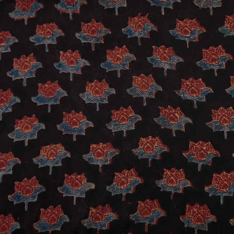 (Pre-Cut 1.36 Meter) Pure Cotton Double Ajrak Black With Rust Lotus Fl – Sanskruti