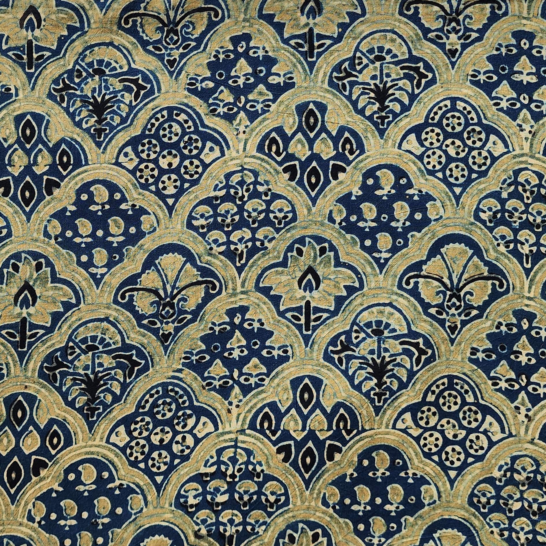 (PRE-CUT 1 METER) Pure Cotton Gad Ajrak Blue With Mint Green Plants Mo – Sanskruti