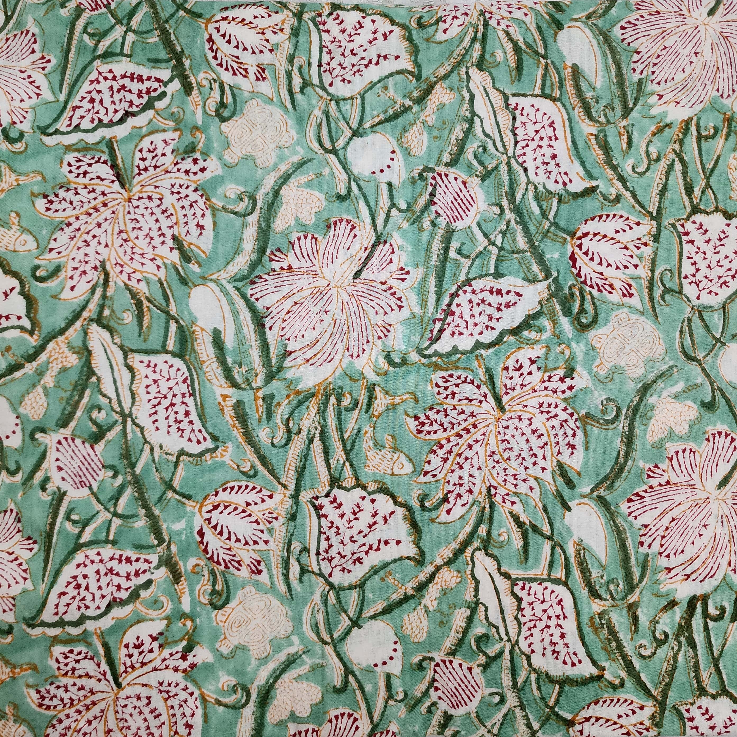 Pre-Cut 0.90 Meter Pure Cotton Jaipuri Green Lake With Rust Lotus Hand – Sanskruti