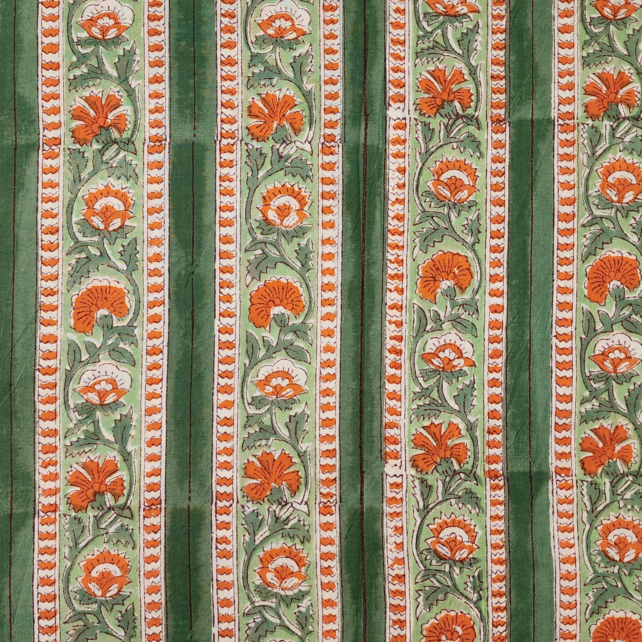 Pure Cotton Jaipuri Green With Genda Phool Border Hand Block Print Fab – Sanskruti