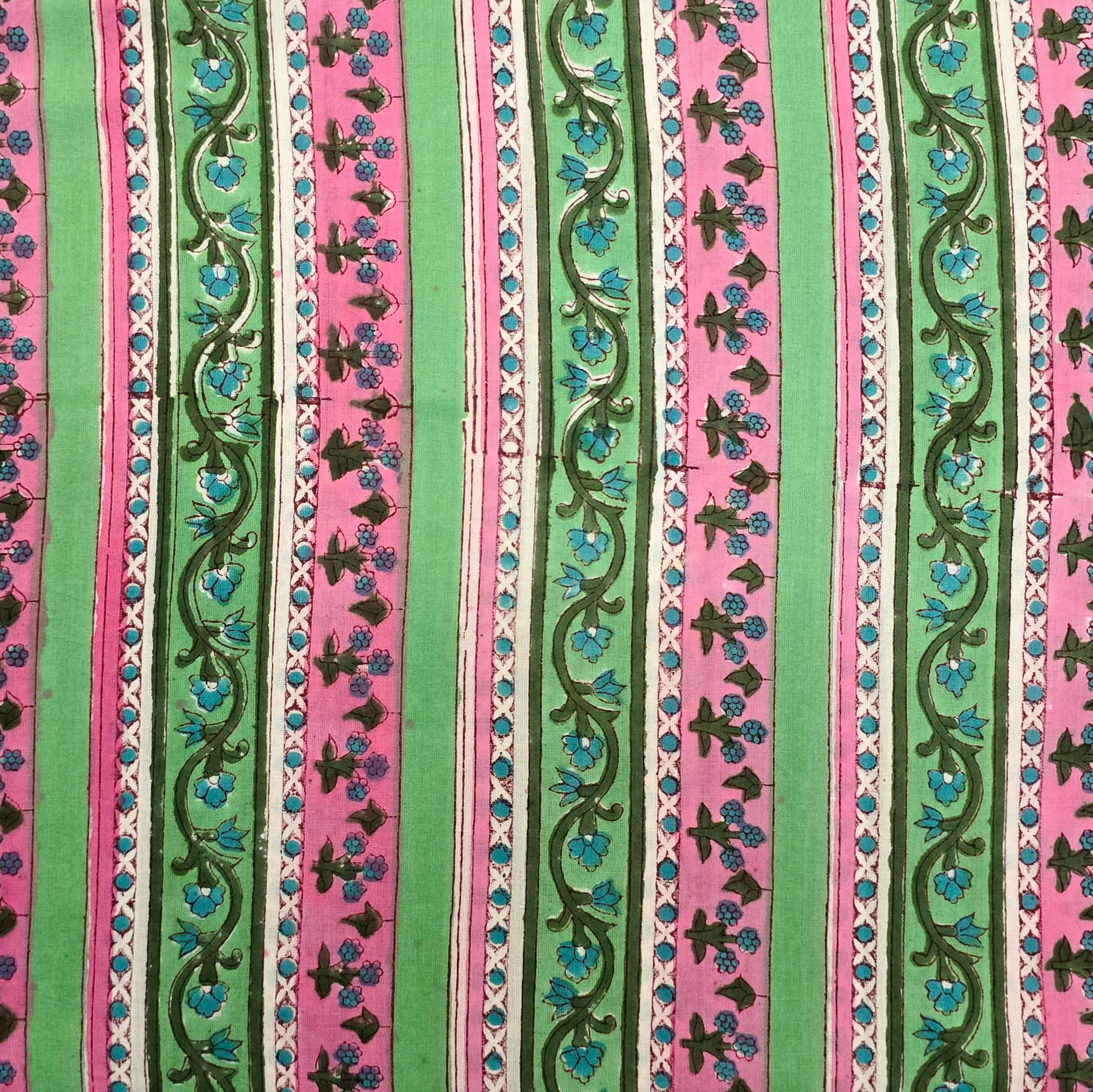 Pre Cut (1.80 Meter) Pure Cotton Jaipuri Green With Pink Border Hand B – Sanskruti