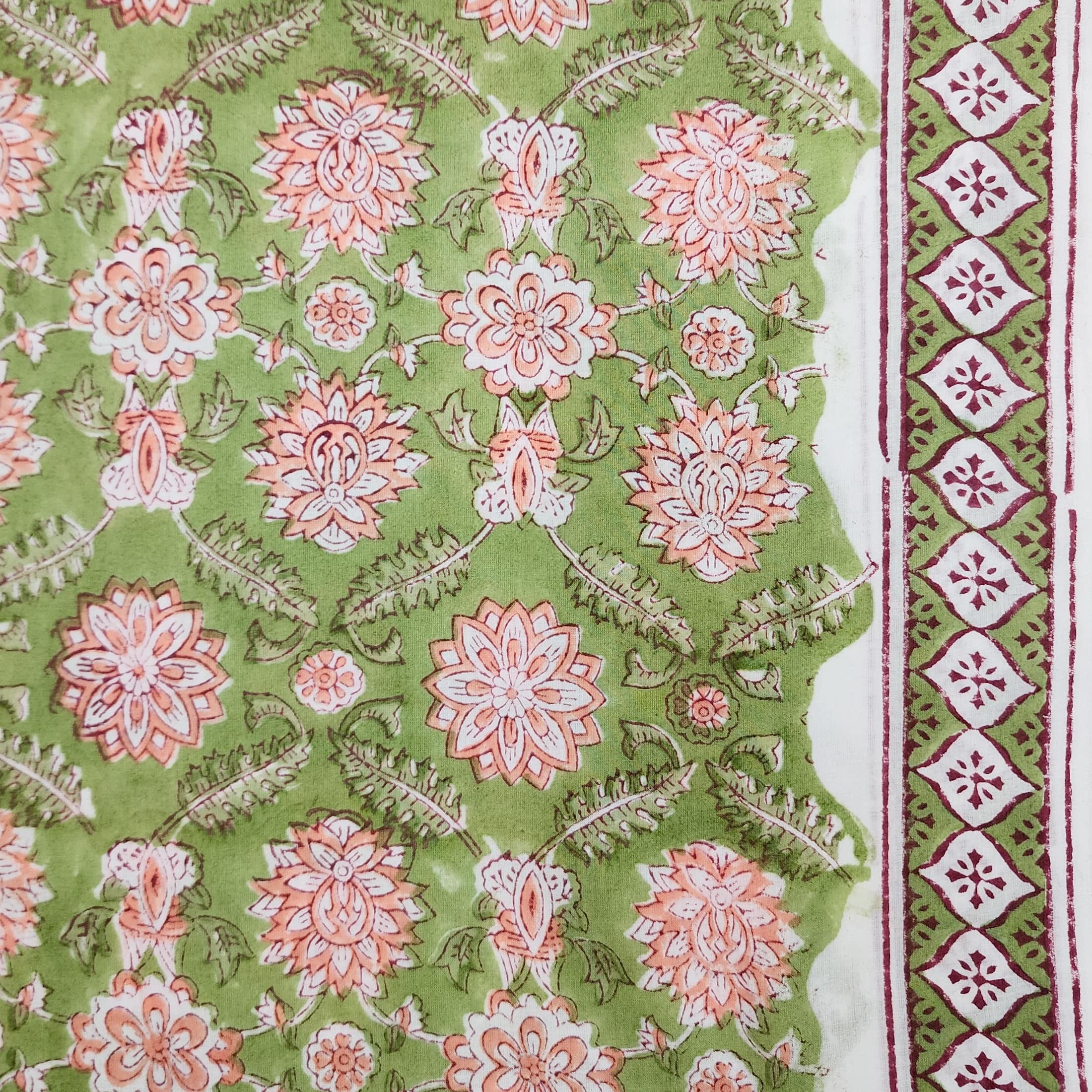 Pure Cotton Jaipuri Light Green With Light Peach Flower All Over Hand – Sanskruti