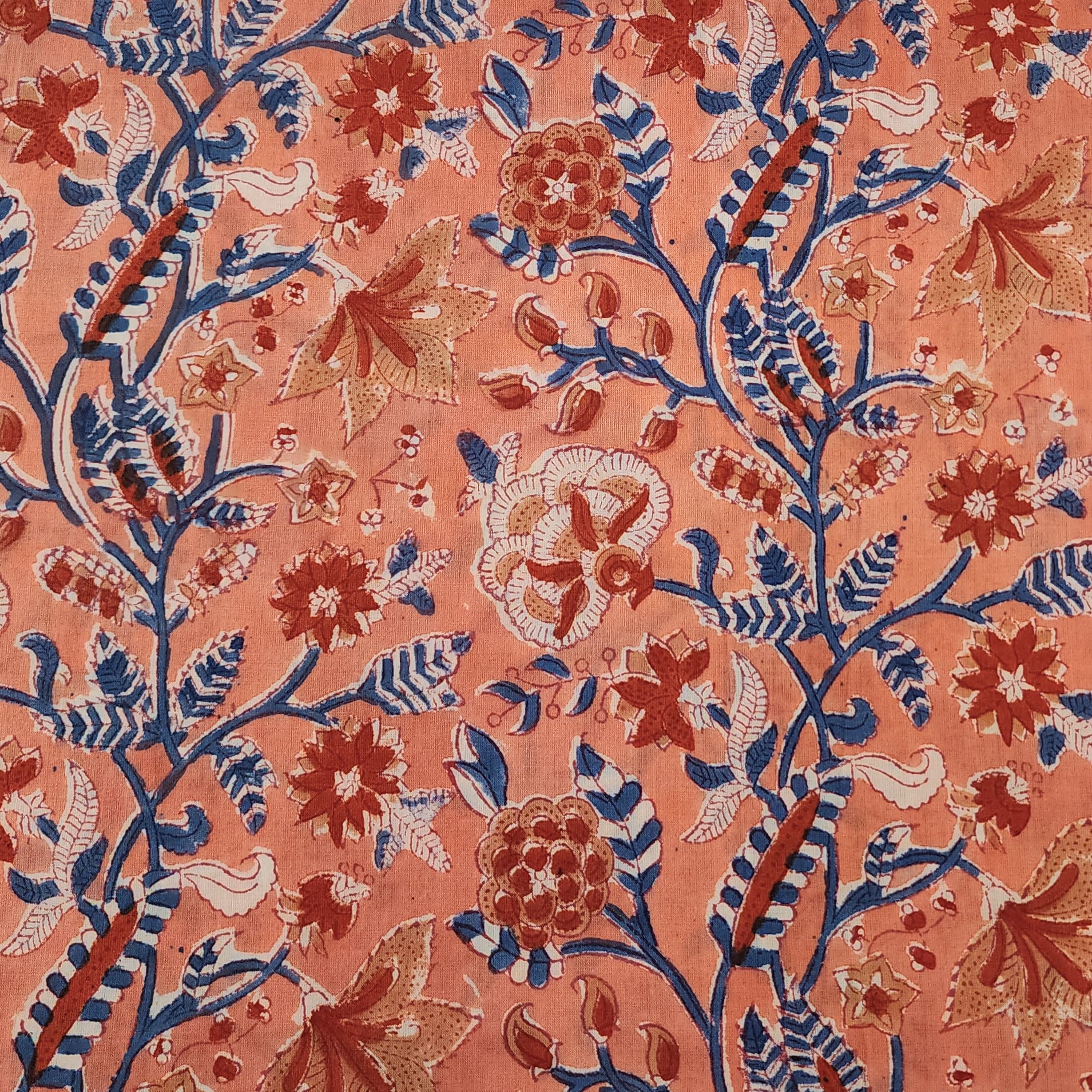 Pre Cut (1.5 Meter) Pure Cotton Jaipuri Orange With Flower Jaal Hand B – Sanskruti